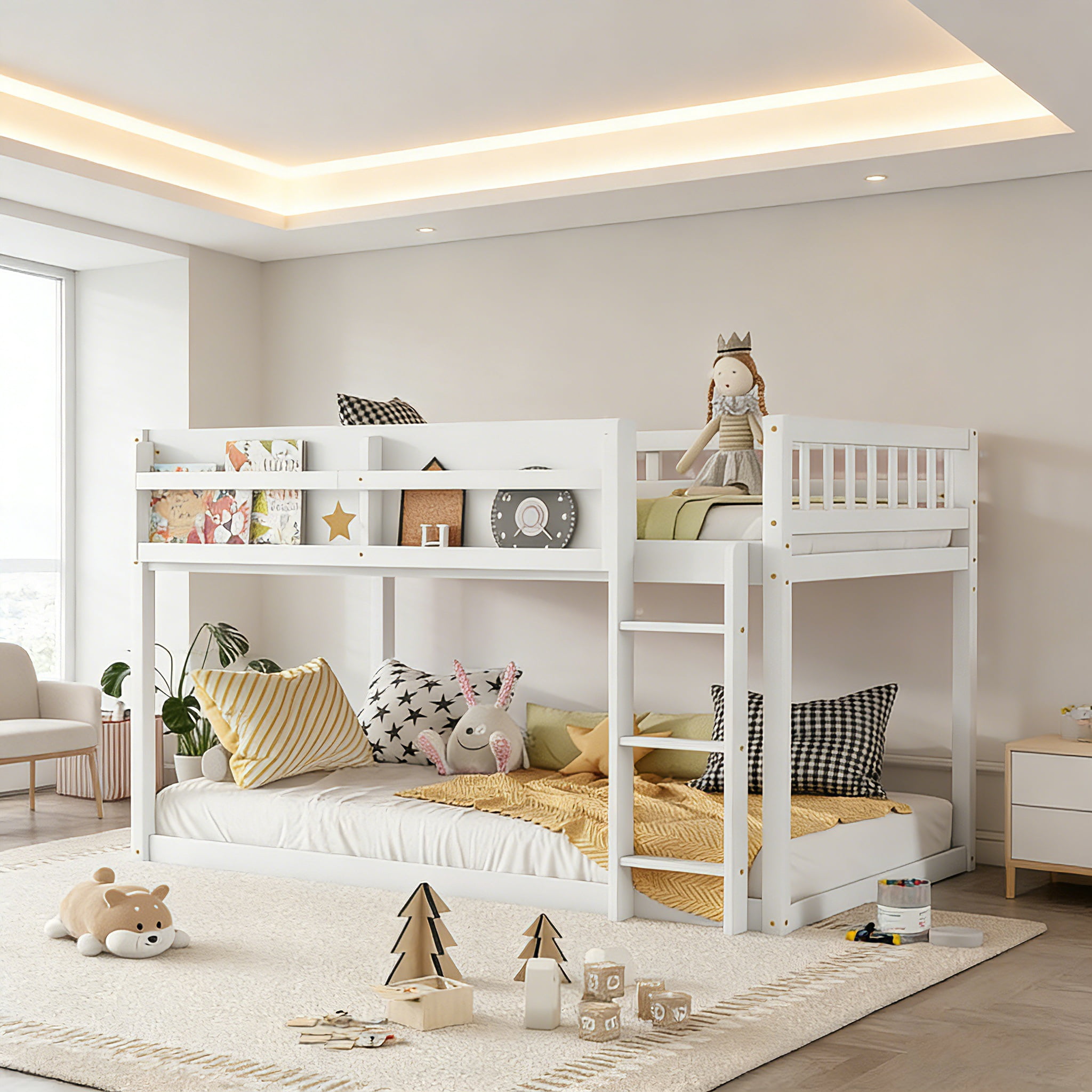 Low Twin Over Twin Solid Wood Bunk Bed with Ladder, Floor-Level Design ...