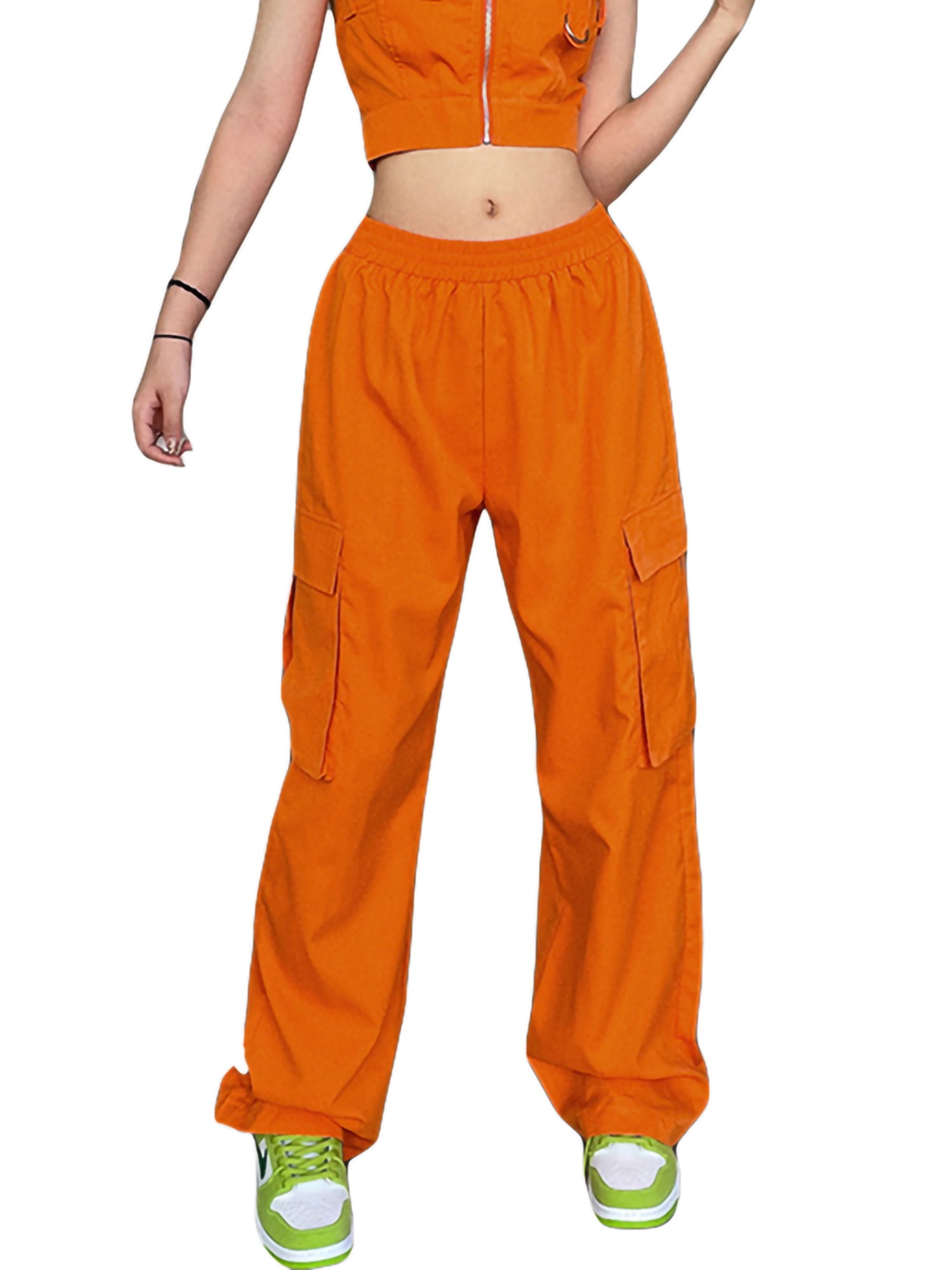 Low Waist Baggy Cargo Pants For Women Orange Straight Fit Drawstring