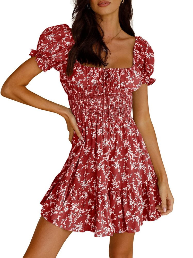 Low Wide Neck Women Short Sleeve Flower Printing Elastic Bohemian Mini ...