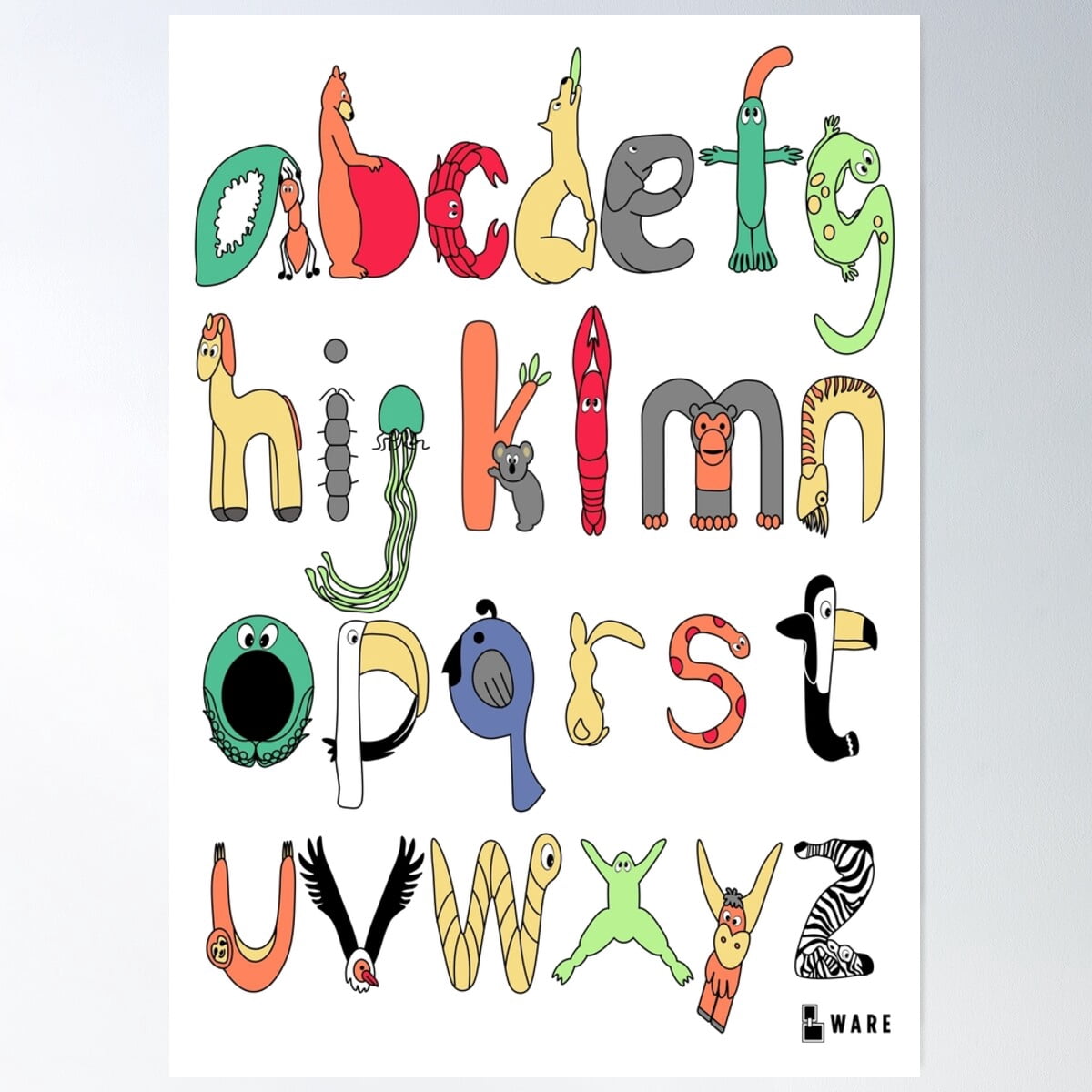 Lowecase English Animal Alphabet Poster Wall Art, Modern Wall Decor For ...