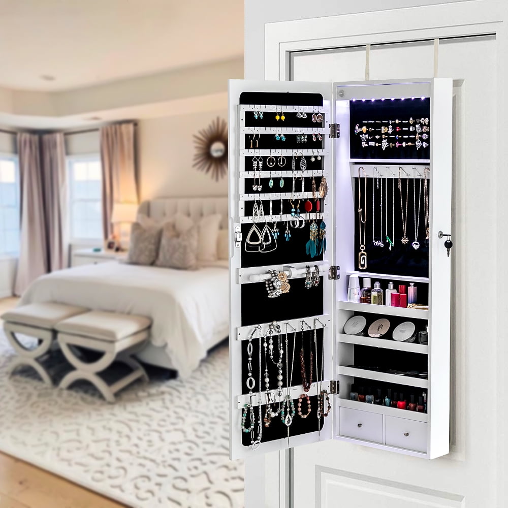 Lowestbest 4 Layer Jewelry Armoire Wooden Wall Mounted Jewelry Cabinet Jewelry Organizer with Mirror for Earrings Bracelets Rings Necklace White Walmart Business Supplies