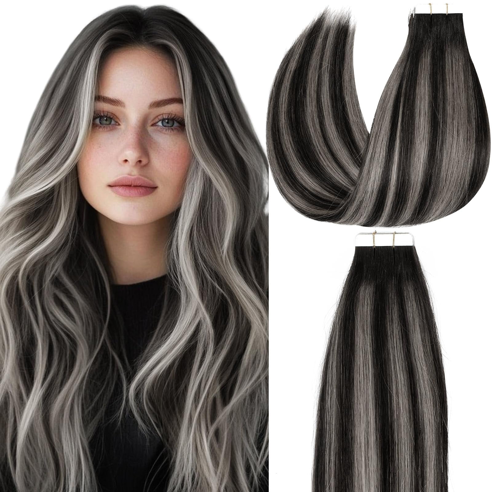Loxxy Real Human Hair Tape in Extensions Ombre Black Fading Silver Grey Balayage Double Sided ...