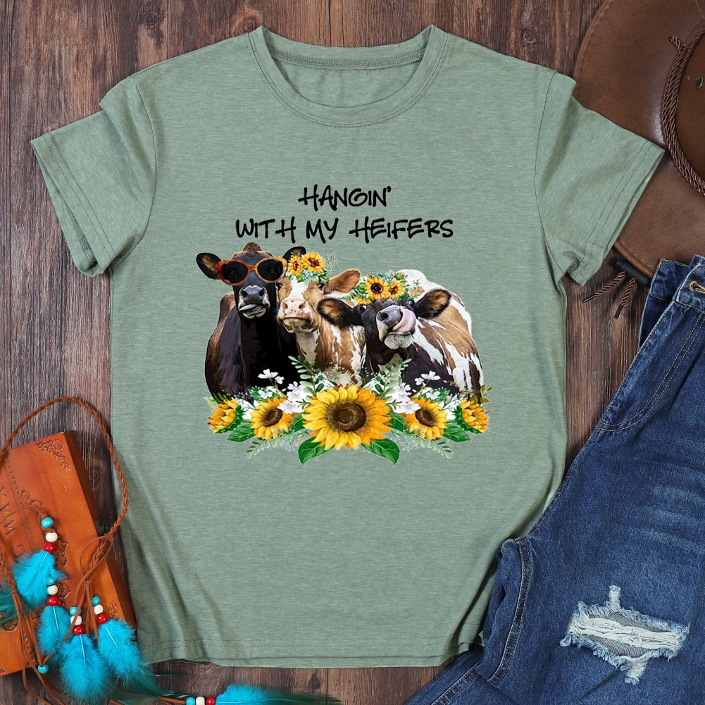 LoyGkgas Western Farms Sunflower Cow Print T-Shirt Tee-Olive Green-Xxxl ...