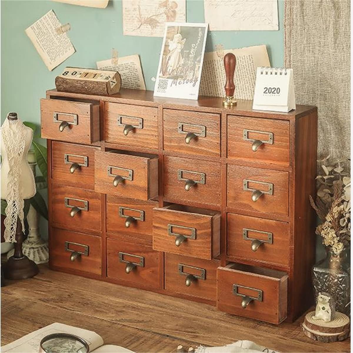 Loyalheartdy 16-Drawer Retro Wooden Storage Box, Small Tabletop ...