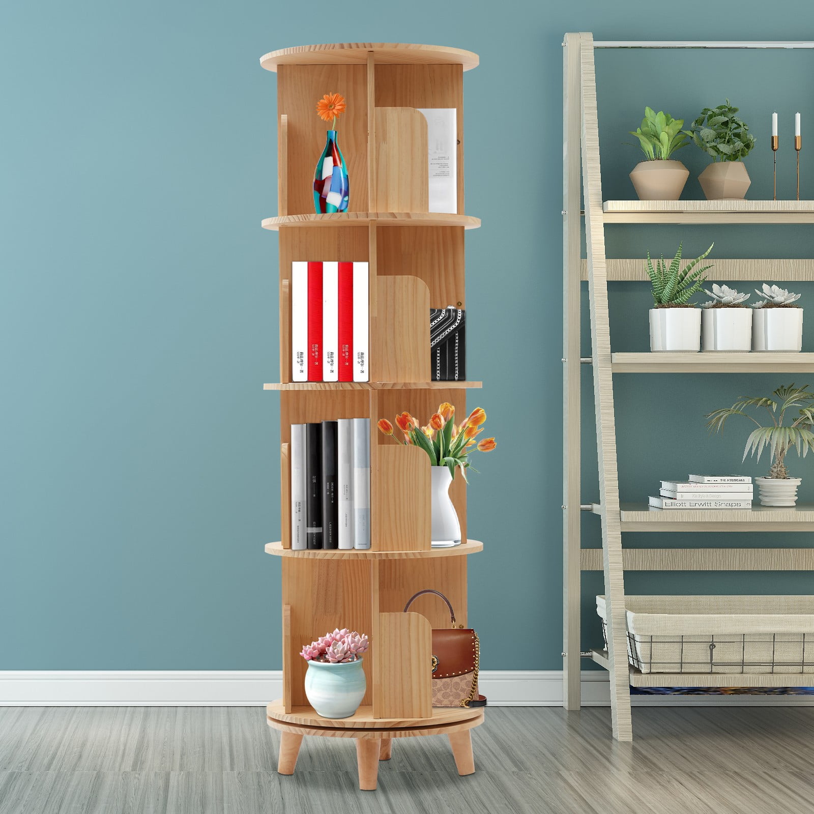 Loyalheartdy 4-Tier Rotating Bookshelf Wood Freestanding Display ...