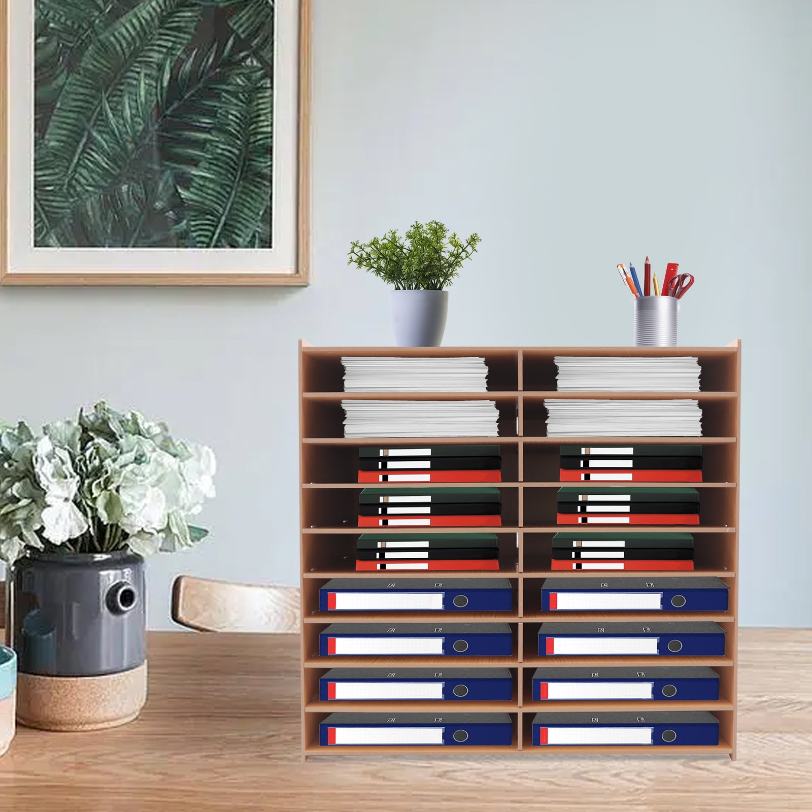 Loyalheartdy 9-Tier Wood File Organizer 18 Grids Paper Document Sorter ...