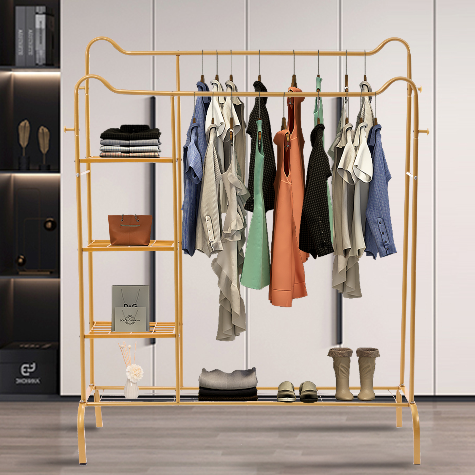 Loyalheartdy Gold Freestanding Clothing Rack, Metal Pipe Garment ...