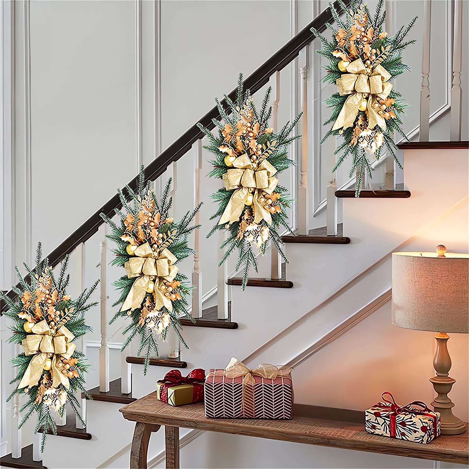 Loyerfyivos Christmas Artificial Wreath Xmas Door Stair Swags 24 Inch ...