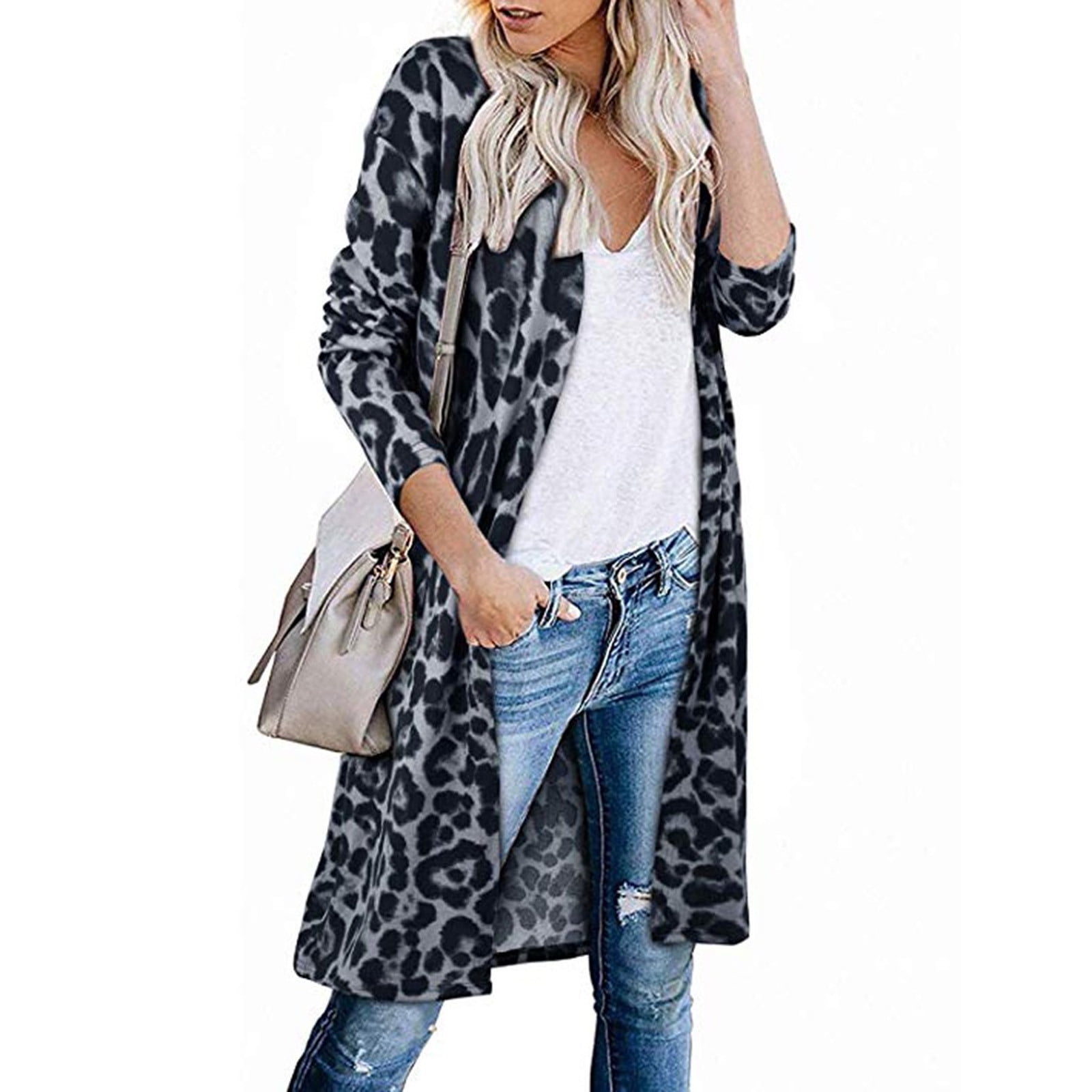 UTTOASFAY Coat Women'S Open Front Leopard Cardigan Pockets Long Sleeve ...