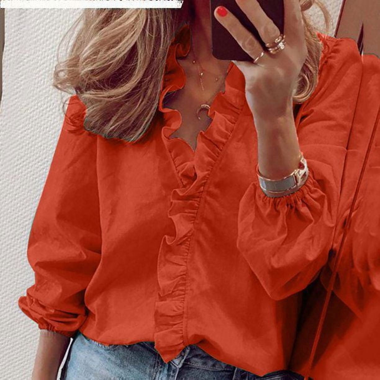 LoyisViDion Women's Casual Full Sleeve V-Neck Tops, Plus Size, Orange ...