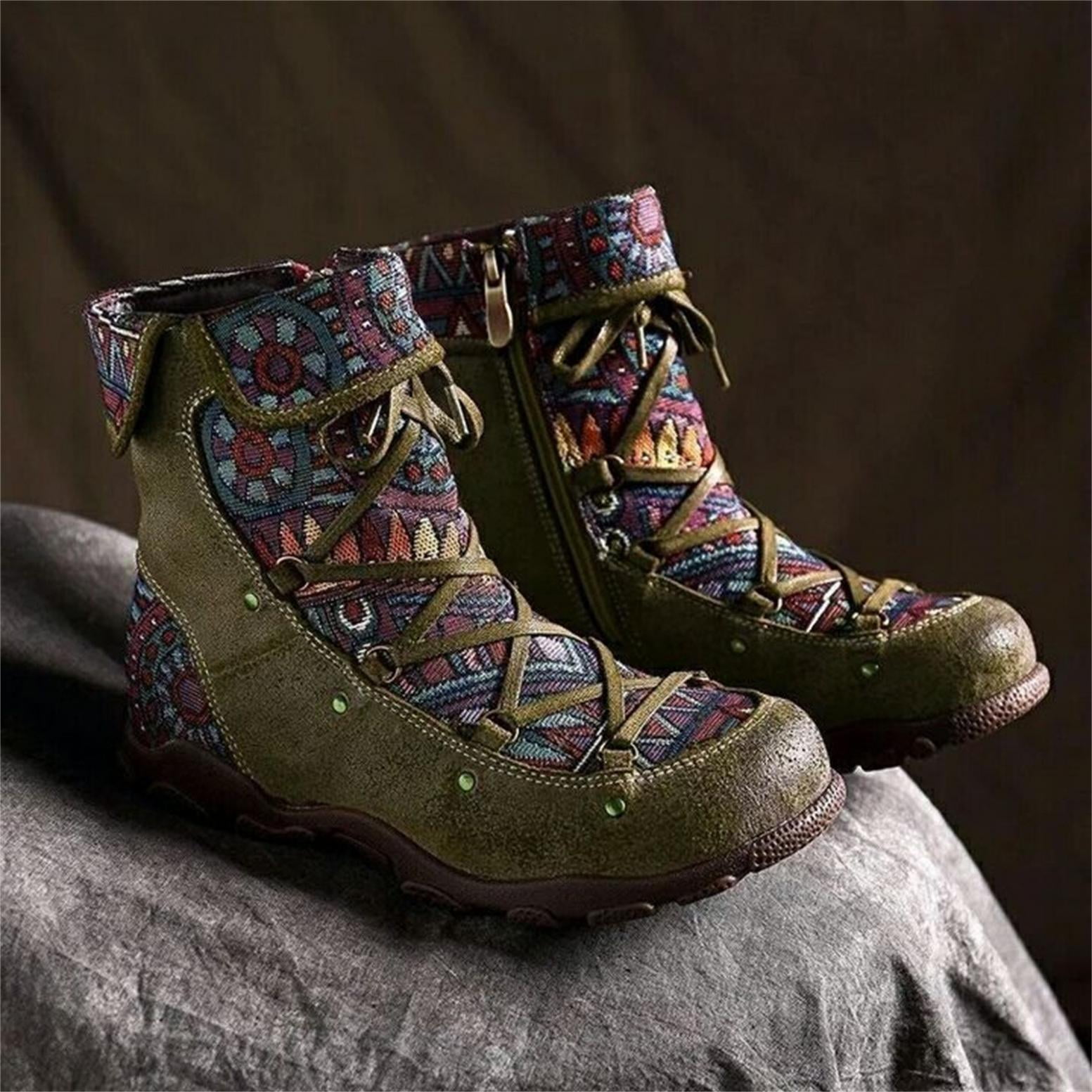 UTTOASFAY Women's Ladies Retro Bohemian Style Boots Ankle Zip Short ...