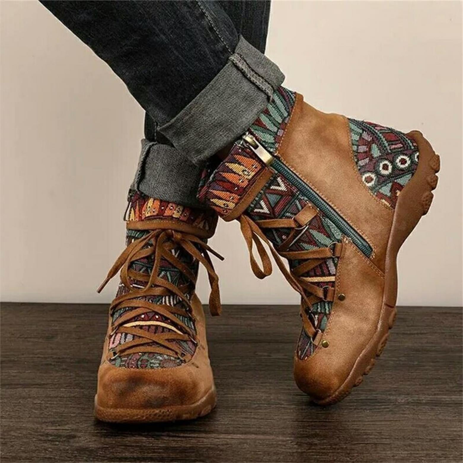 LoyisViDion Women'S Ladies Retro Bohemian Style Boots Ankle Zip Short ...