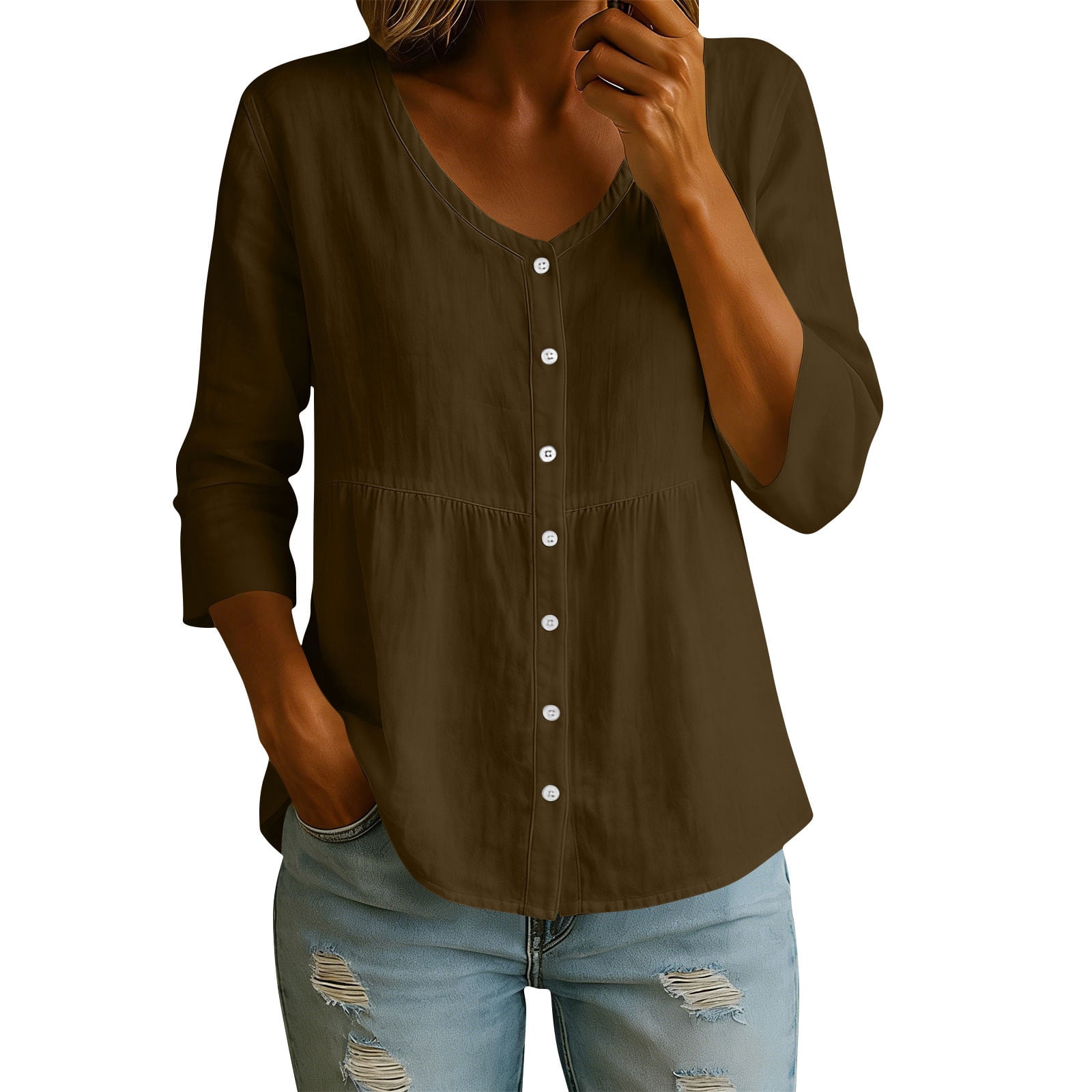 Lpmadey Women's Cotton Linen V Neck Button Down Blouse Short / 3/4 ...