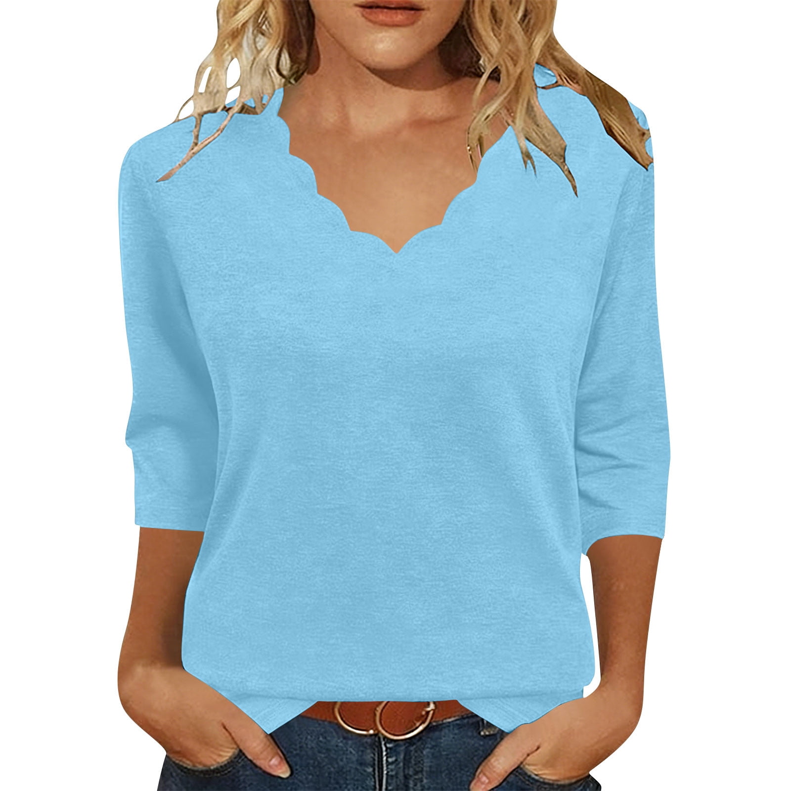 Lpmadey Women's Scalloped V-Neck 3/4 Sleeve Tops, Casual Loose Fit ...