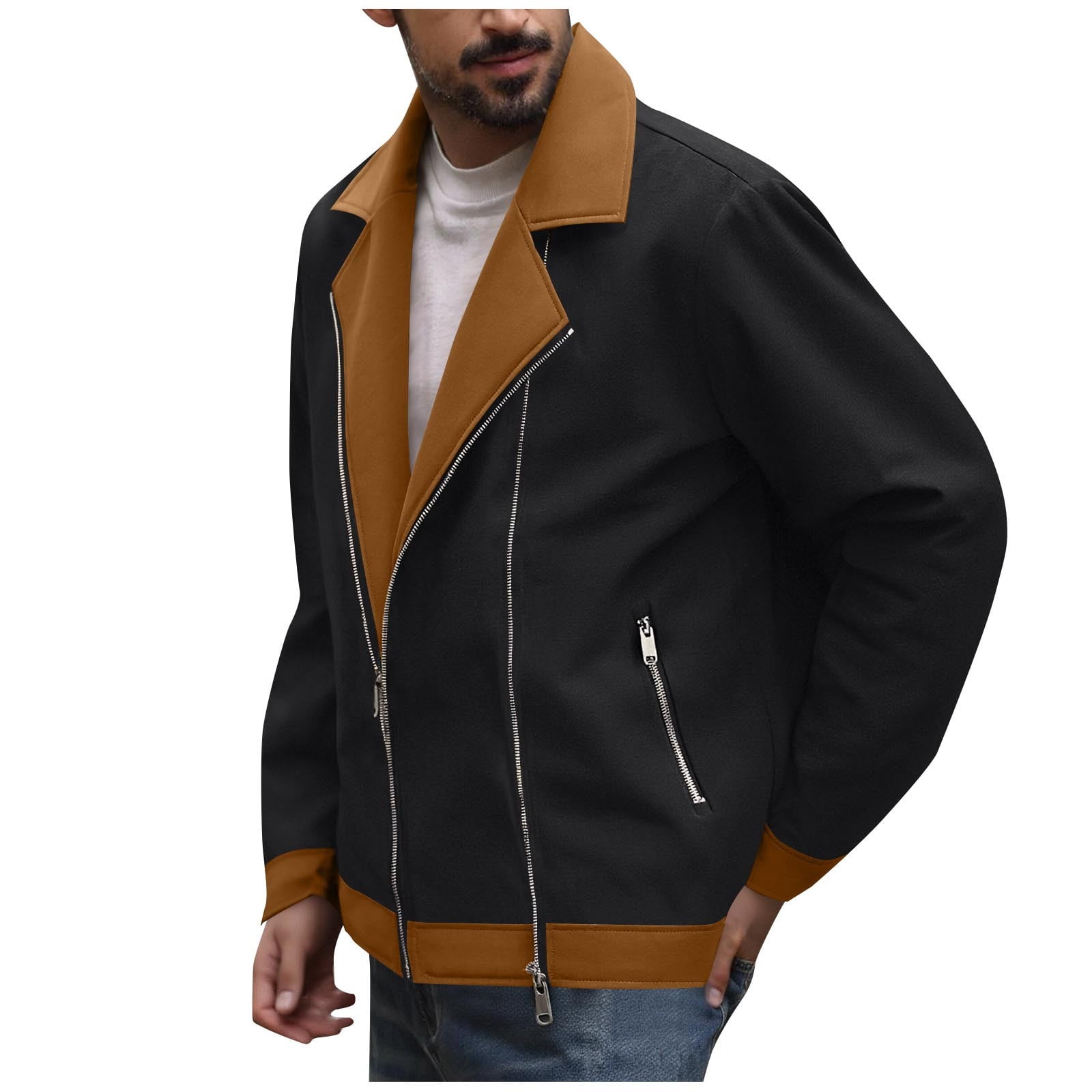 LpwkSSA Men's Leather Motorcycle Jacket Flip Collar Solid Color ...
