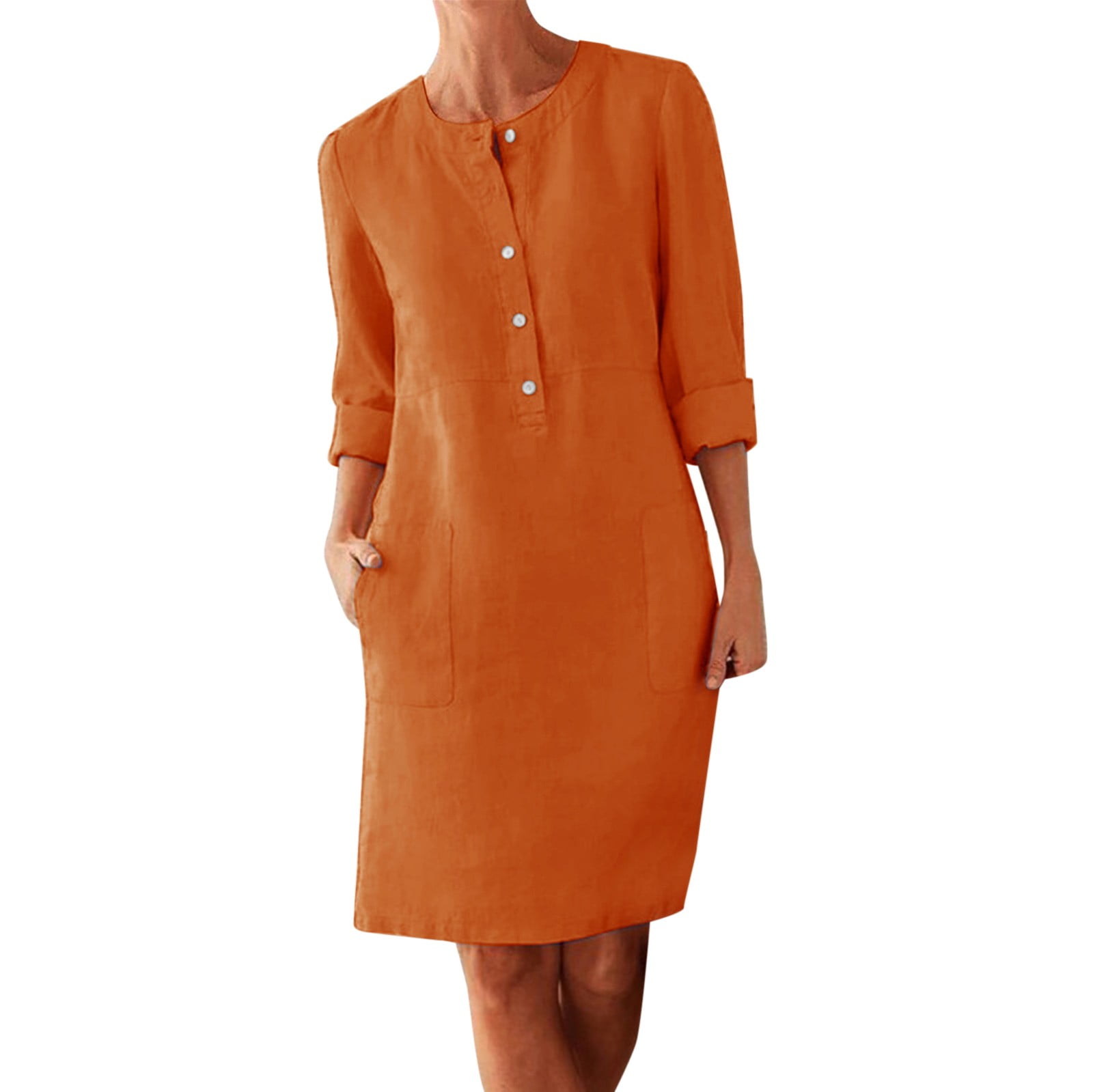 Lqideymx Women Cotton and Linen Button Shirt Dress Plus Size Crewneck ...