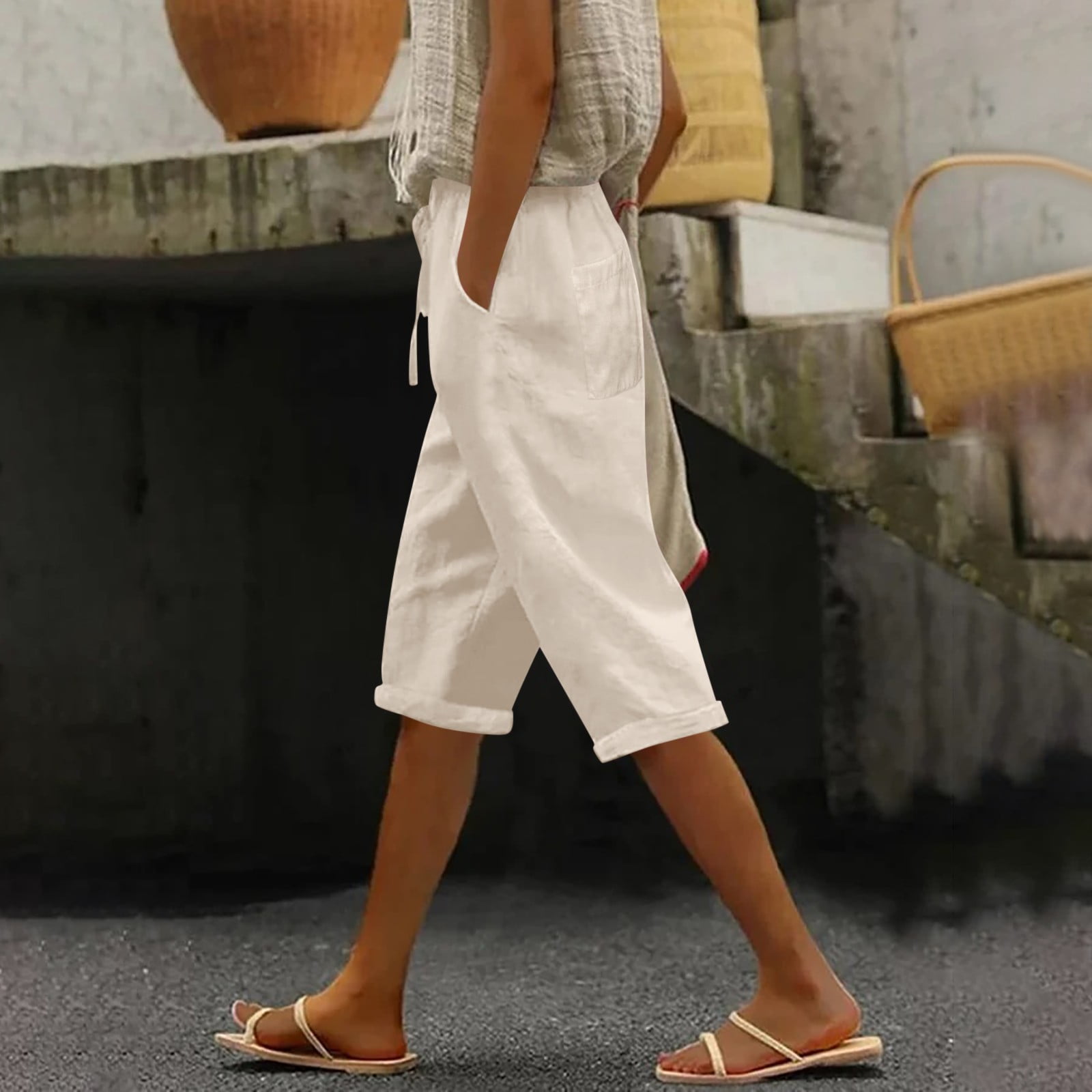 Lroveb Capri Pants for Women, Womens High Waisted Linen Pants, Knee ...