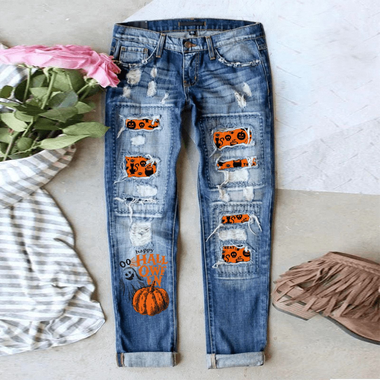 Lroveb Halloween Jeans for Women F Print Ripped Stretch Cute Skinny ...