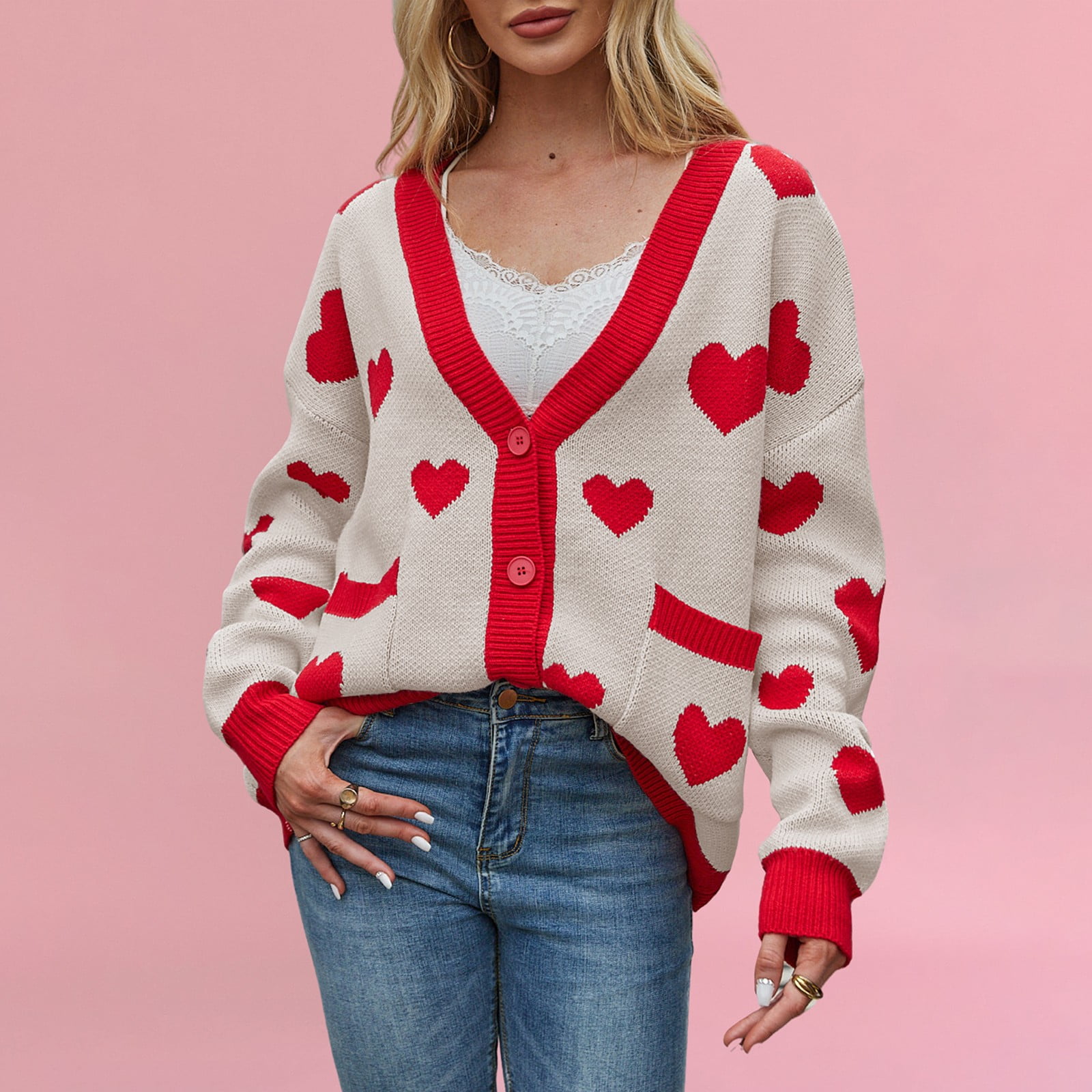 Lroveb Heart Cardigan for Women Valentines Day Cute Button Up Sweater Cardigans Long Sleeve V ...