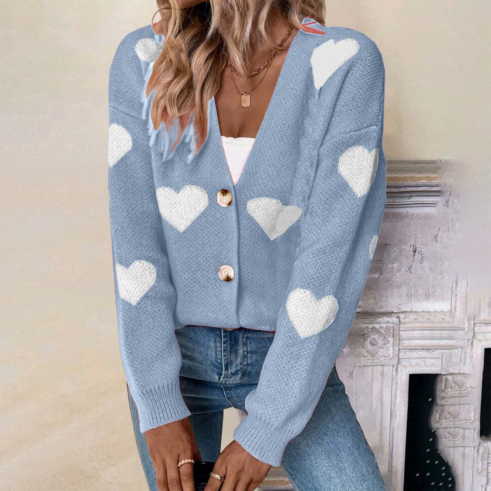 Lroveb Heart Cardigan for Women Valentines Day Sweater Cardigan Long Sleeve V Neck Button Up ...