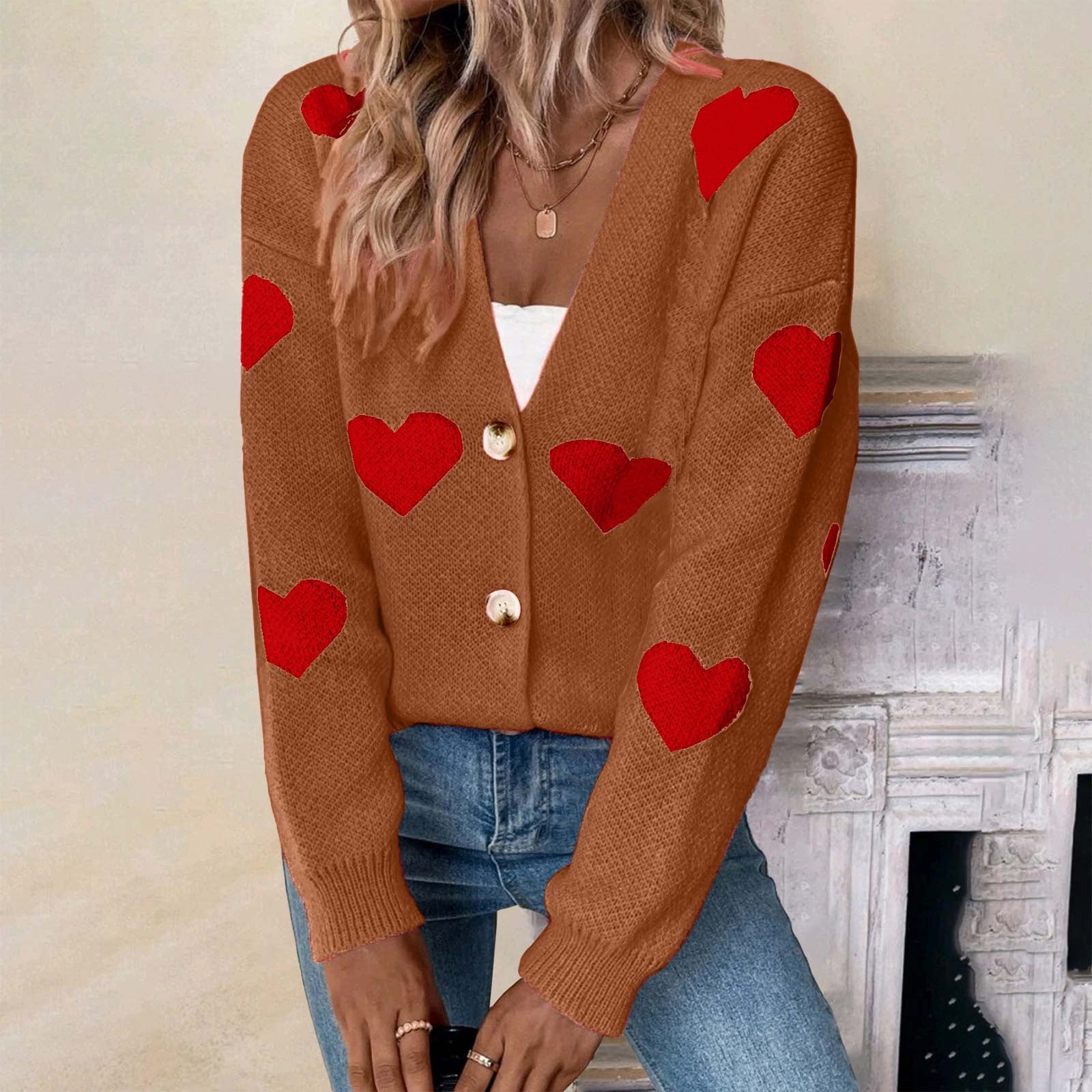 Lroveb Heart Cardigan for Women Valentines Day Sweater Cardigan Long Sleeve V Neck Button Up ...
