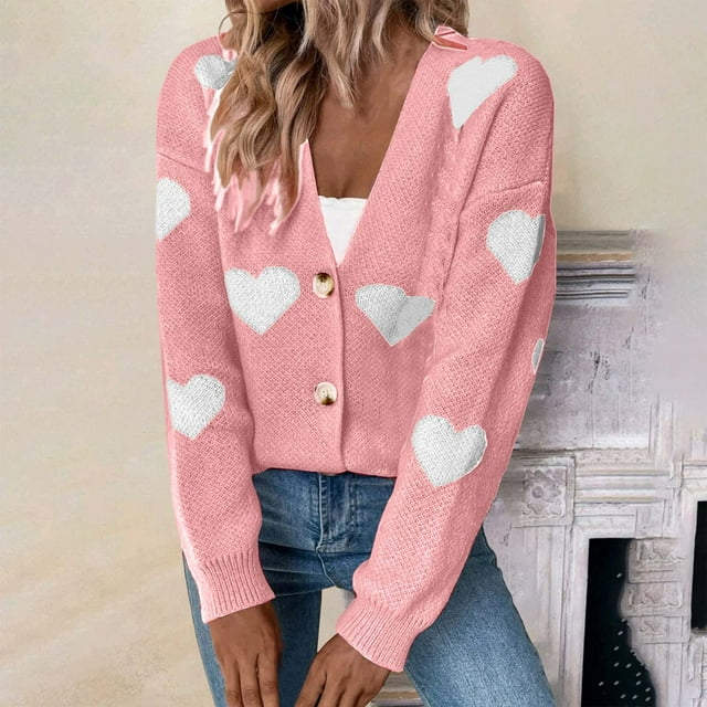 Lroveb Heart Cardigan for Women Valentines Day Sweater Cardigan Long Sleeve V Neck Button Up ...