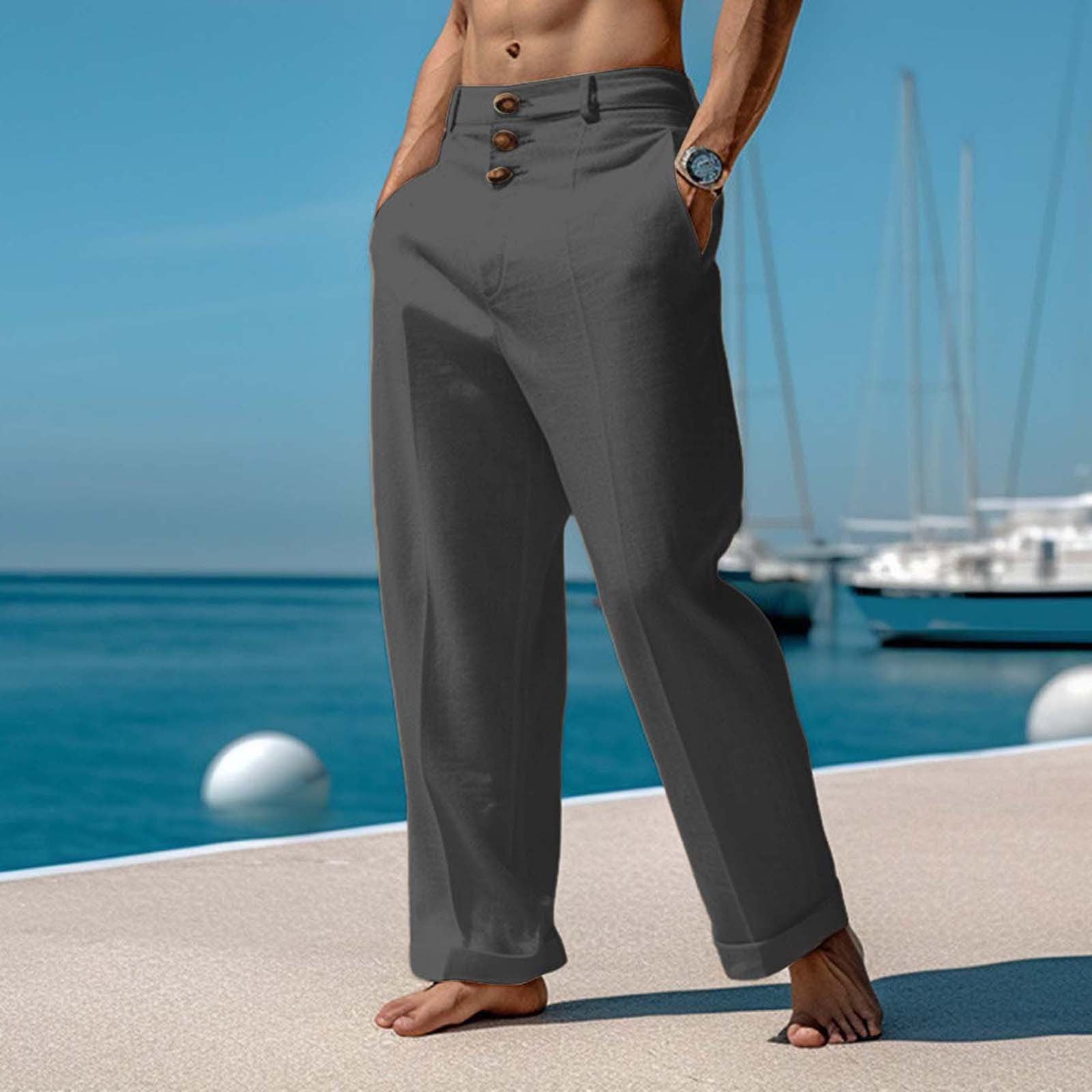 Lroveb Mens Casual Linen Pants Loose Fit Elastic Drawstring Waist ...