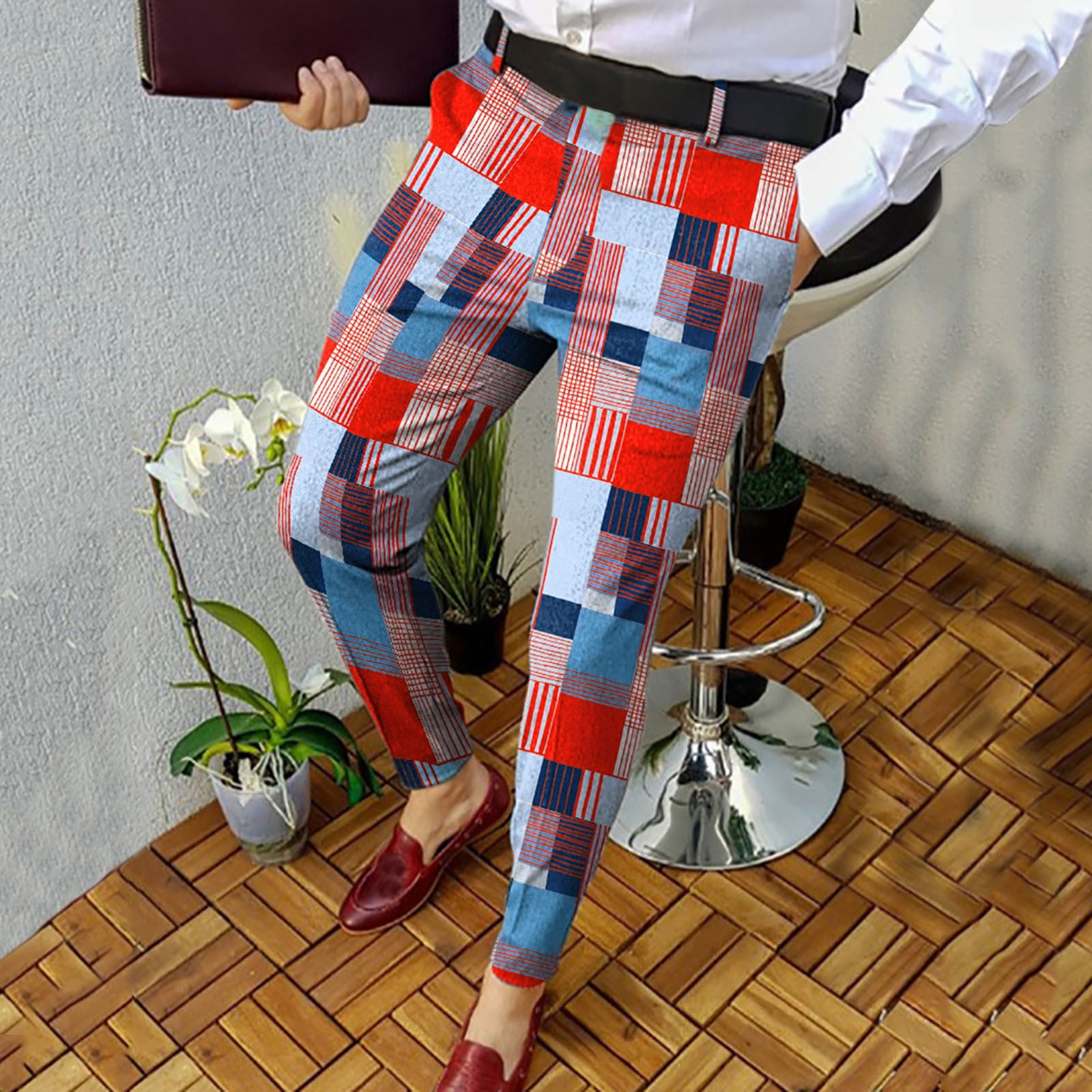 Lroveb Mens Dress Pants Men's Casual Plaid Print Skinny Pencil Pants ...