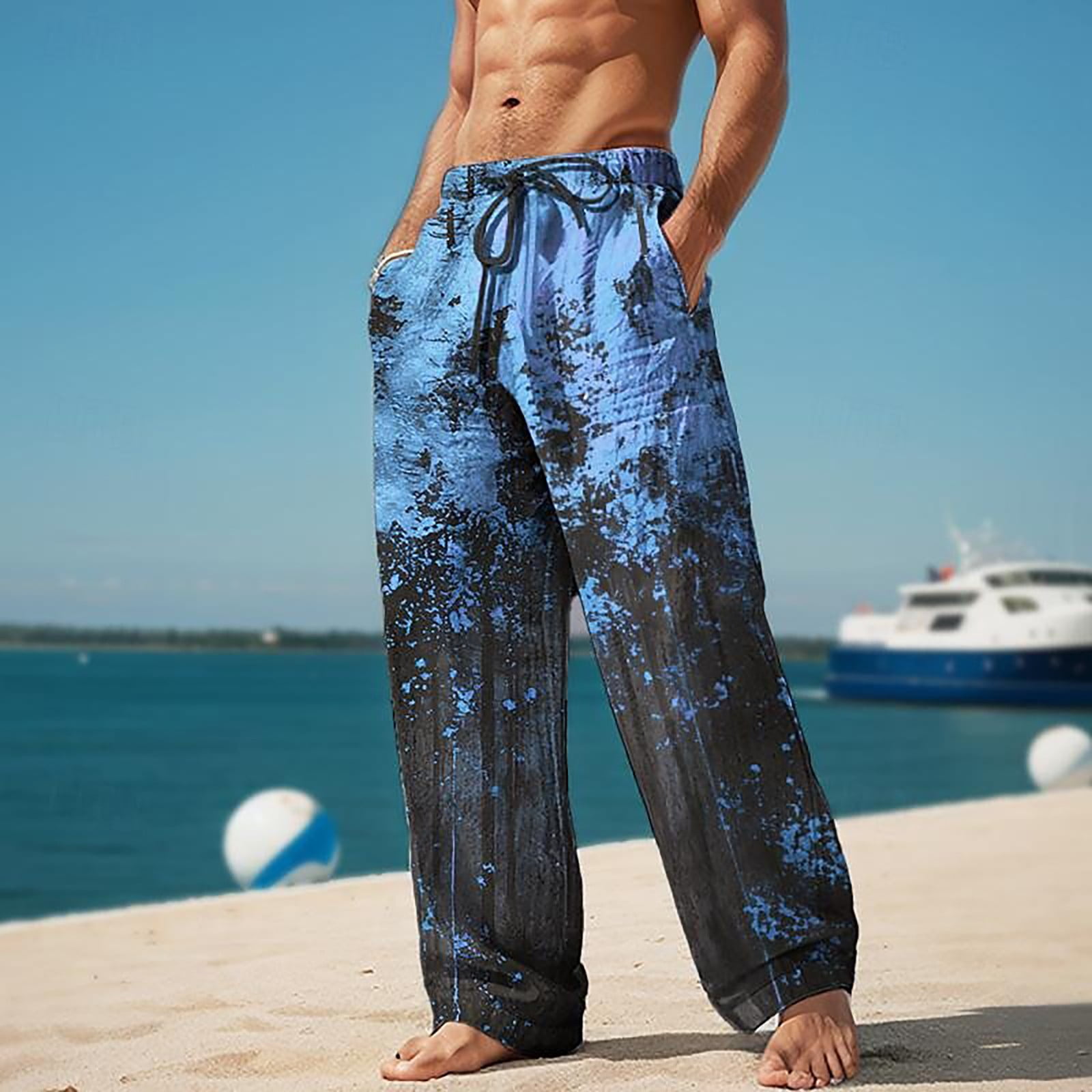 Lroveb Mens Linen Pants Drawstring Elastic Waist Summer Beach Pants ...