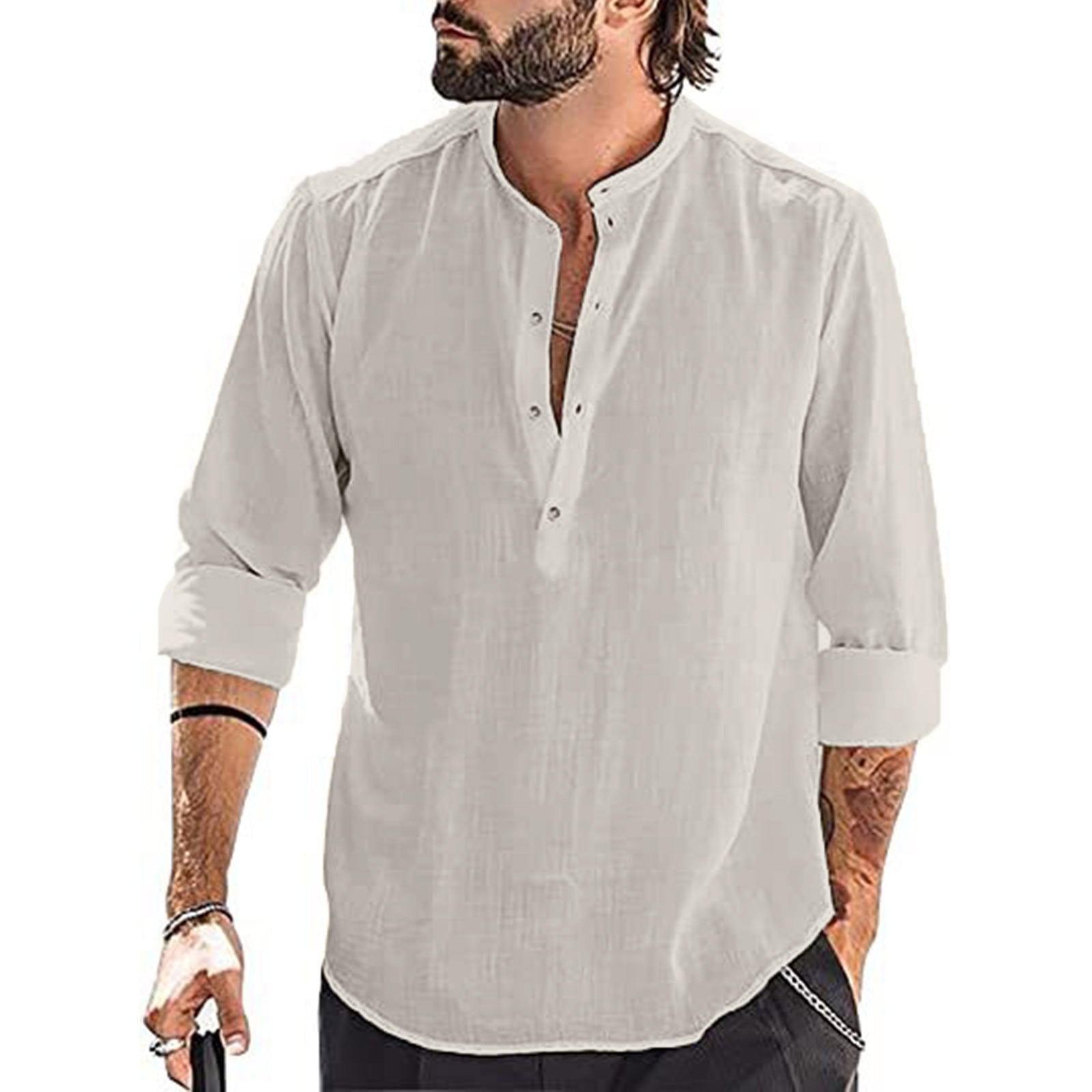 Lroveb Mens Linen Shirts Loose Fitting Shirt Stand Collar Long Sleeve ...