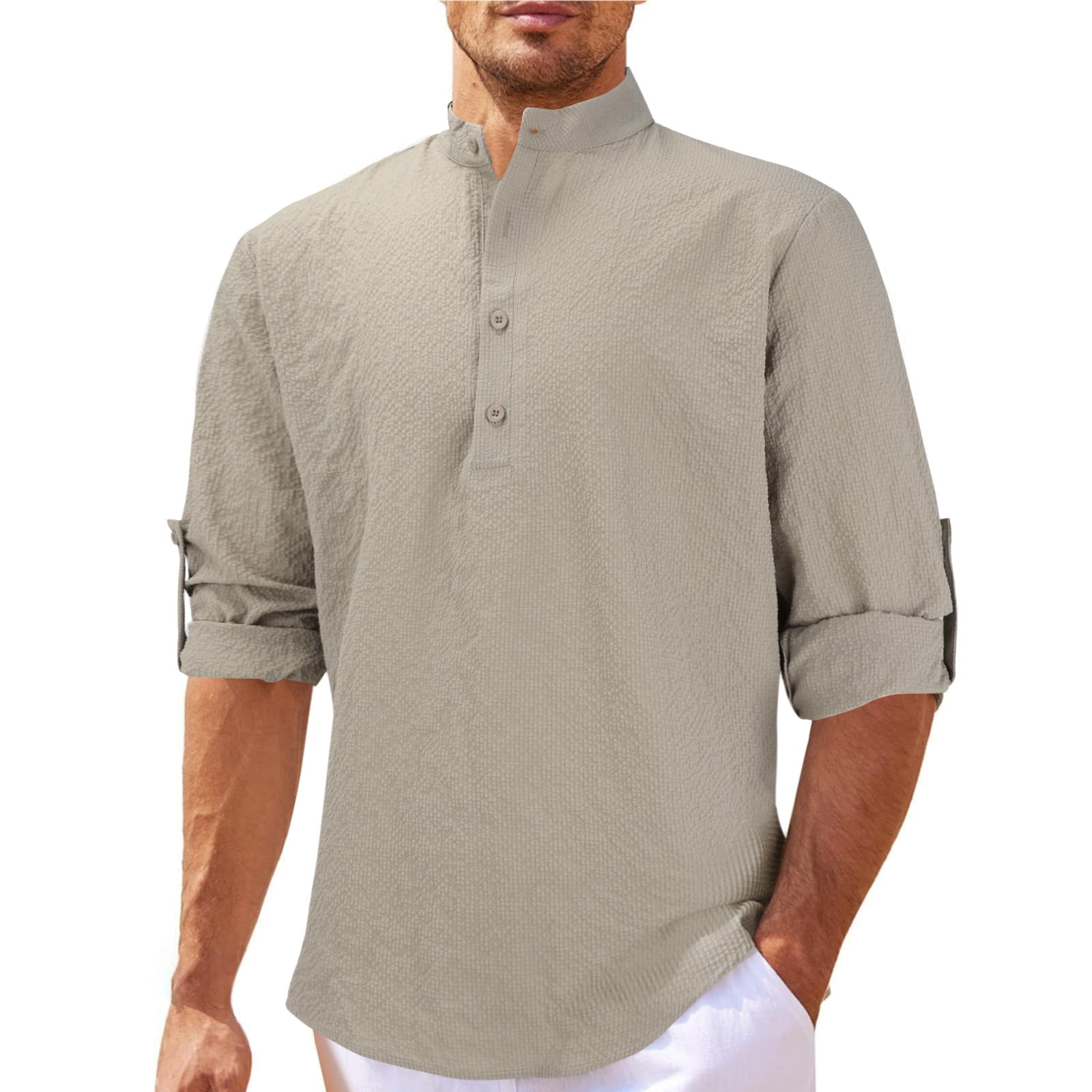 Lroveb Mens Shirts Men's Casual Shirts Band Collar Long Sleeve Beach Hippie T Trendy Striped ...