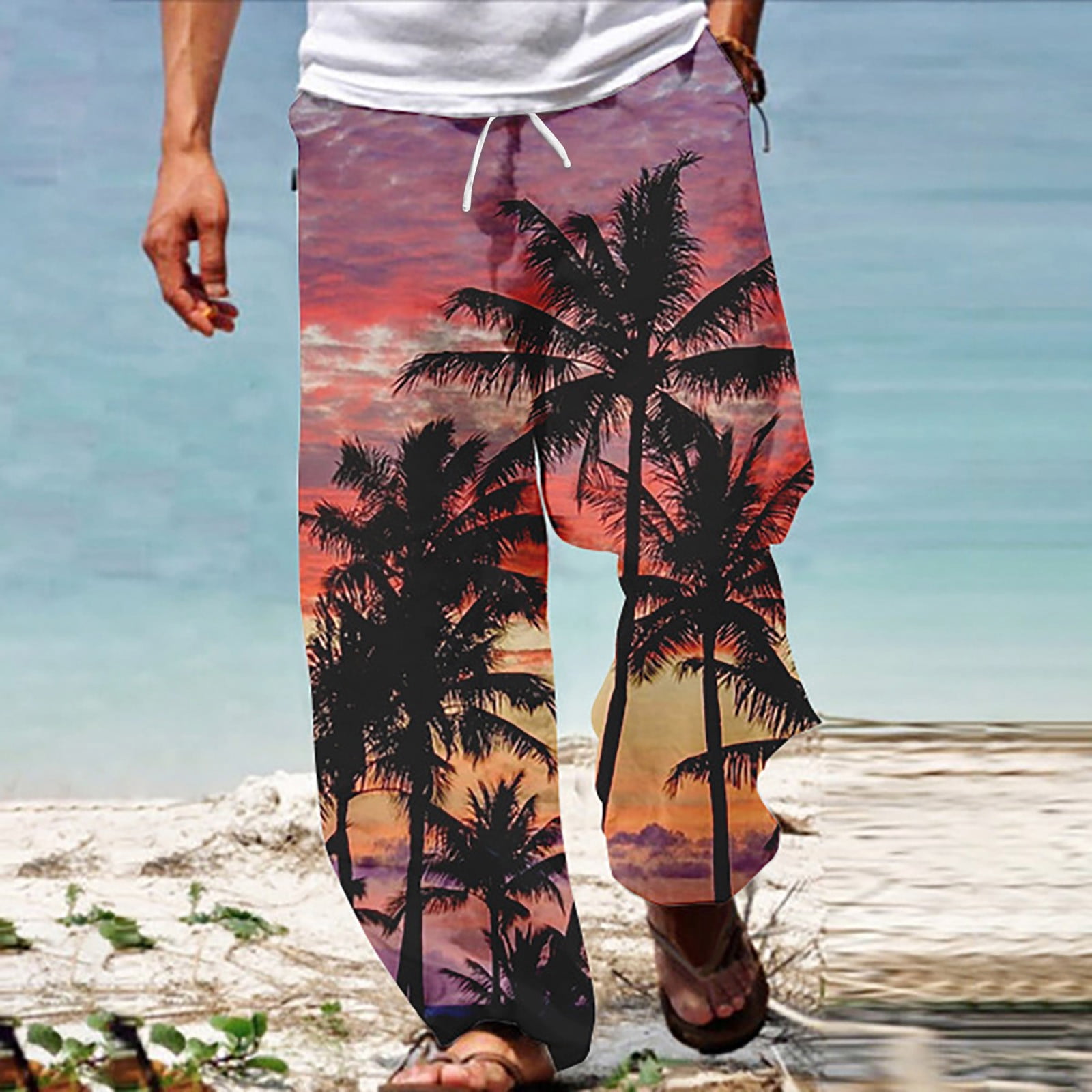 Lroveb Mens Wide Leg Linen Pants Men Pants Summer Beach Hippie Harem ...