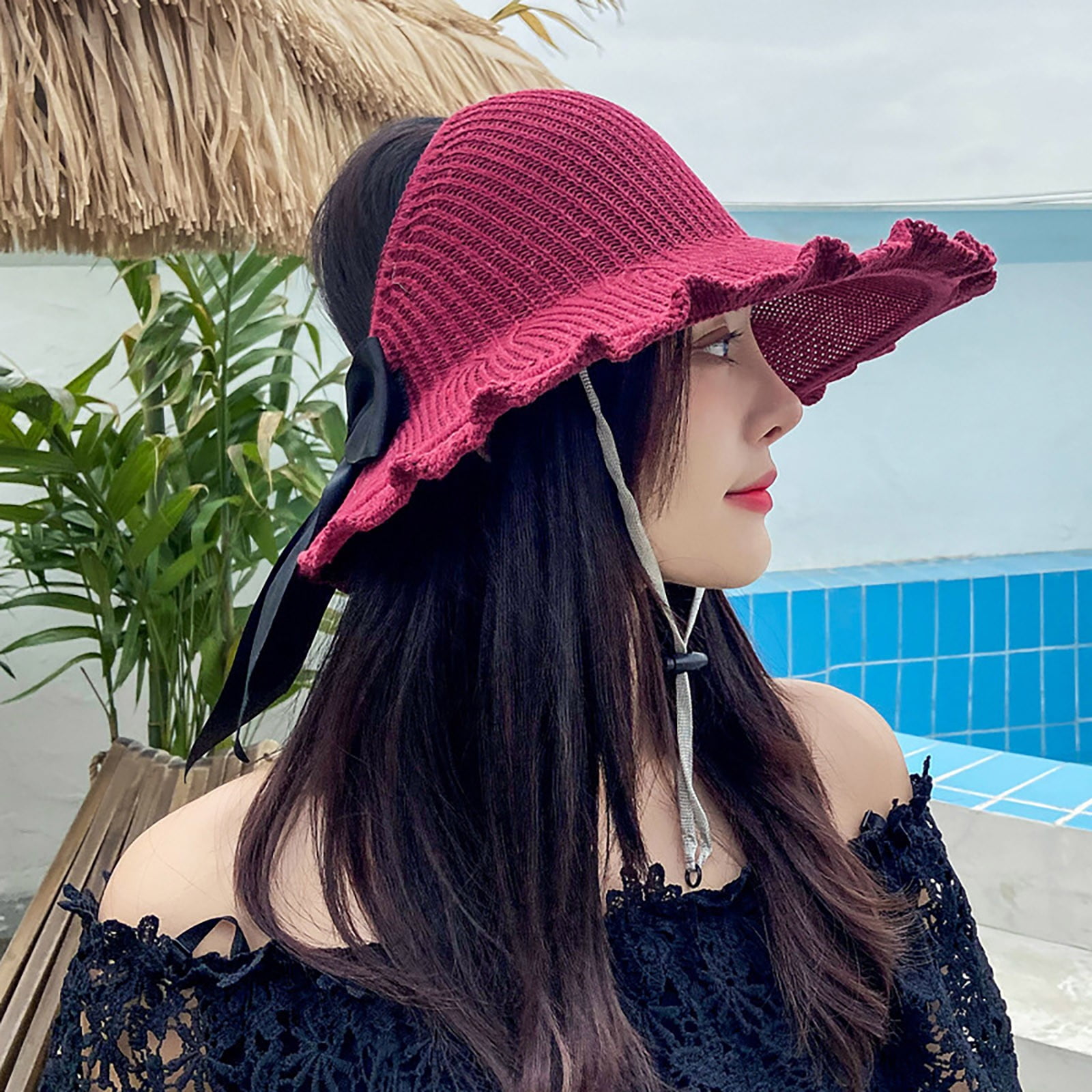 Lroveb Sun Hats for Women Wave Brimmed Empty Top Hat Female Outdoor ...