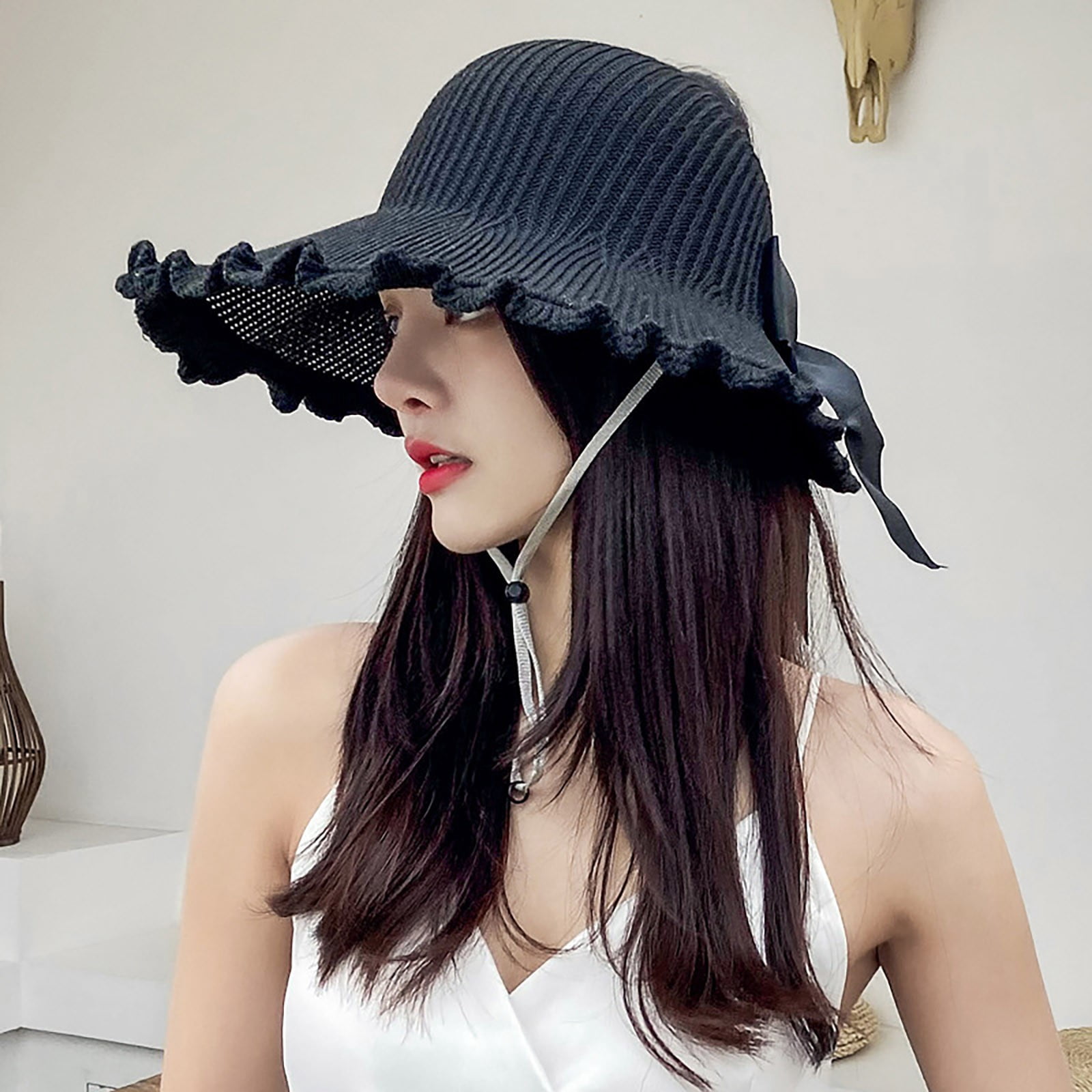 Lroveb Sun Hats for Women Wave Brimmed Empty Top Hat Female Outdoor ...