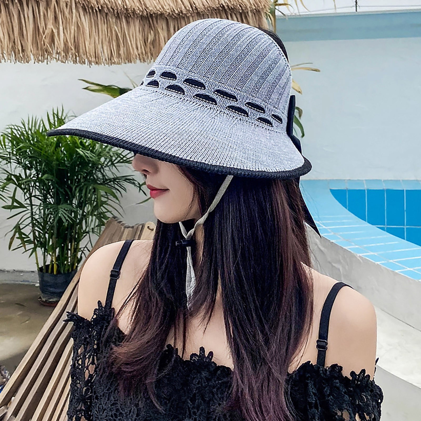 Lroveb Sun Hats for Women Wave Brimmed Empty Top Hat Female Outdoor ...