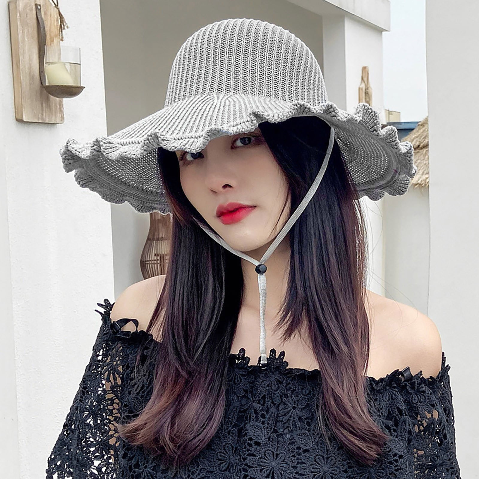 Lroveb Sun Hats for Women Wave Brimmed Empty Top Hat Female Outdoor ...