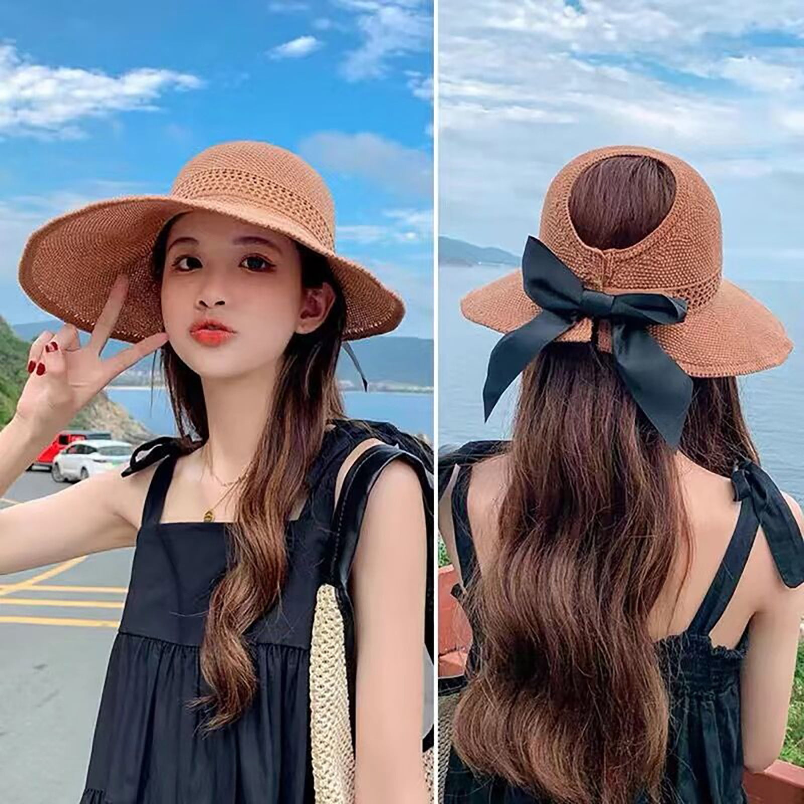 Lroveb Sun Hats for Women Wave Brimmed Empty Top Hat Female Outdoor ...