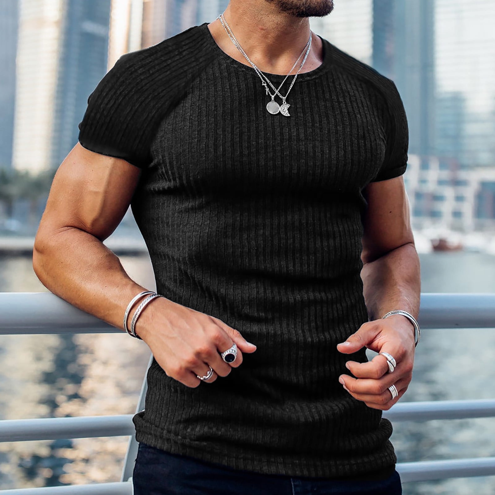 Lroveb T Shirts for Men Muscle T Shirts Stretch Short Sleeve Crewneck ...