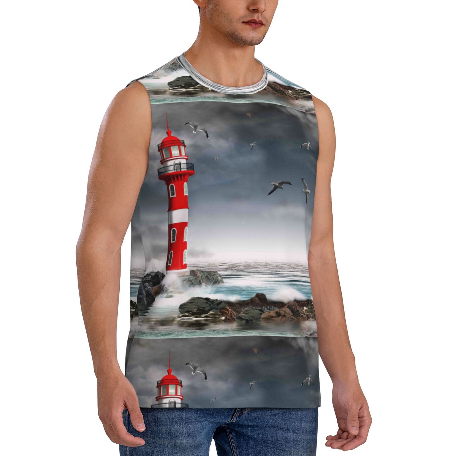 Lsque 3d Lighthouse in the Surf Print Men's Cotton Blend Sleeveless ...