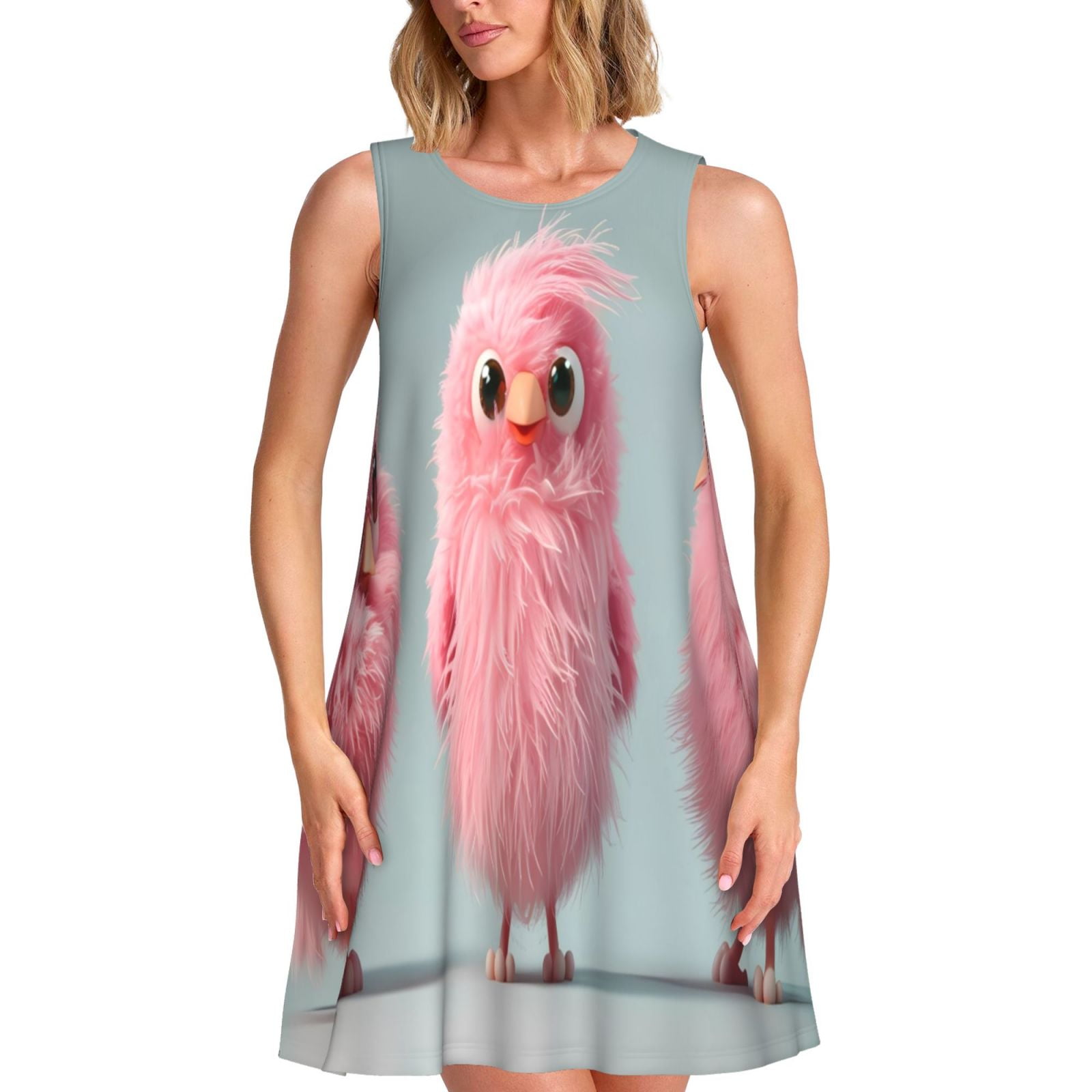 Lsque Adorable Pink Fluffy Birds Pattern Summer Dresses for Women ...