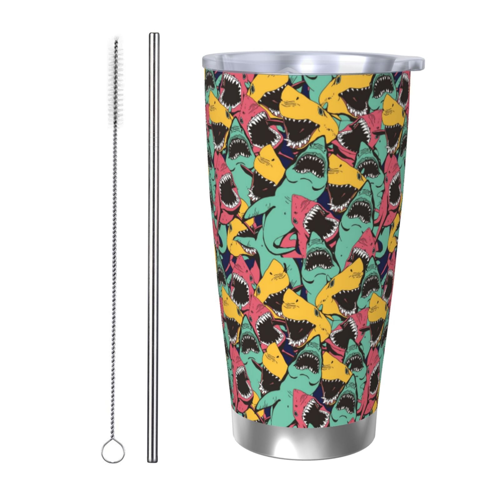 Lsque Angry Shark Pattern Pattern 20oz Car Cup with Lid and Straw ...