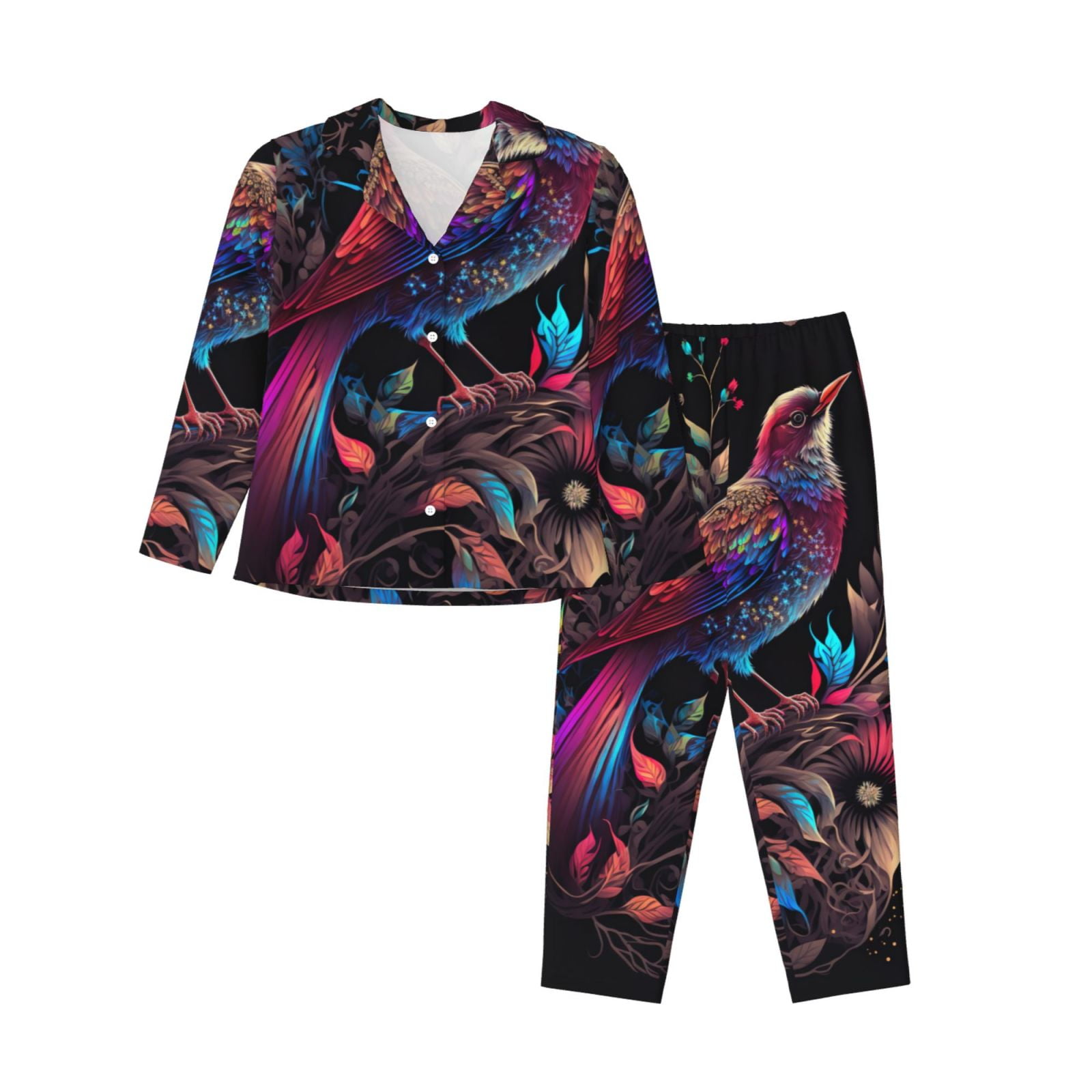 Lsque Artistic Colorful Bird Pattern Long Sleeve Pajama Set for Women ...
