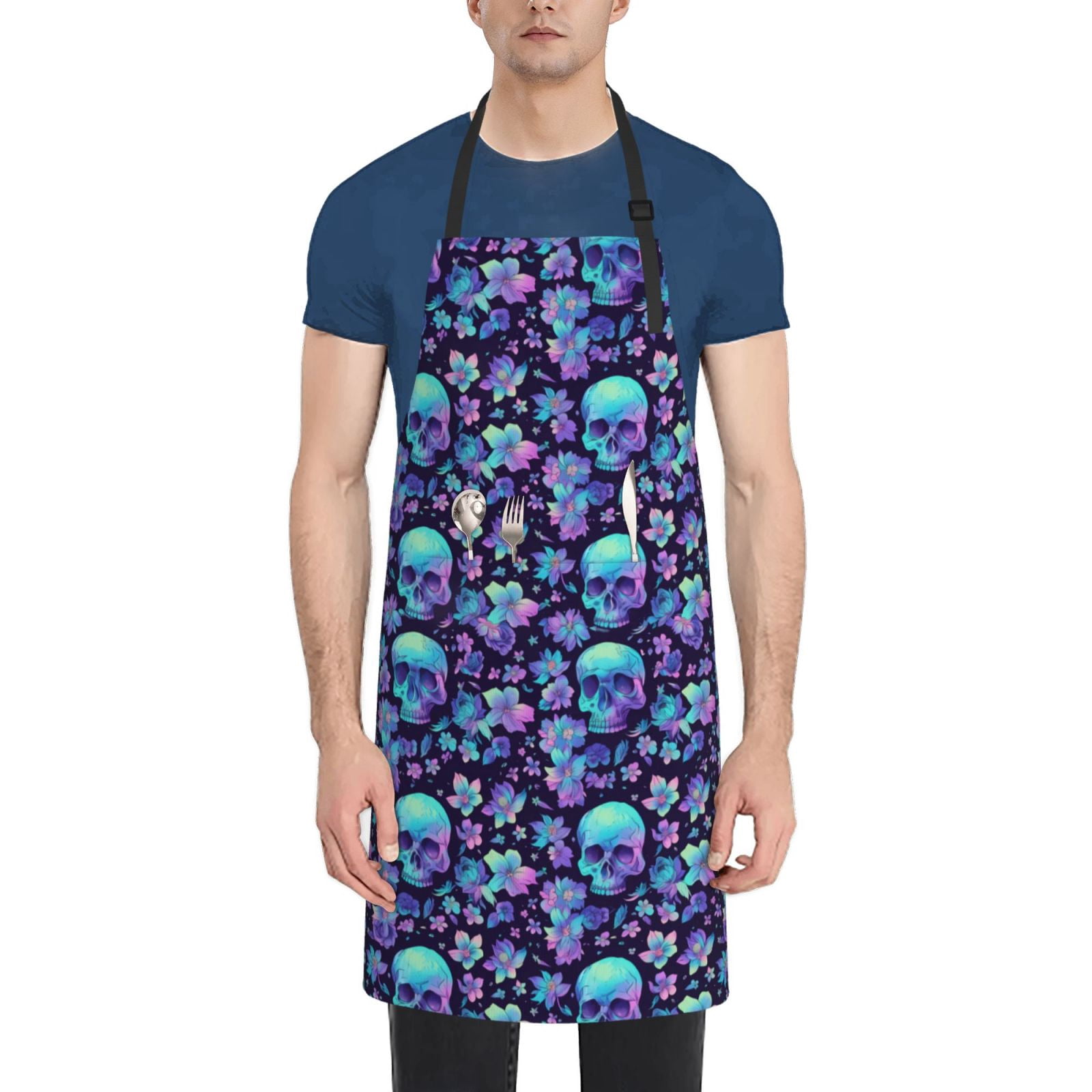 Lsque Blue Flower Skull Waterproof Apron Chef Aprons for Men Heavy Duty ...