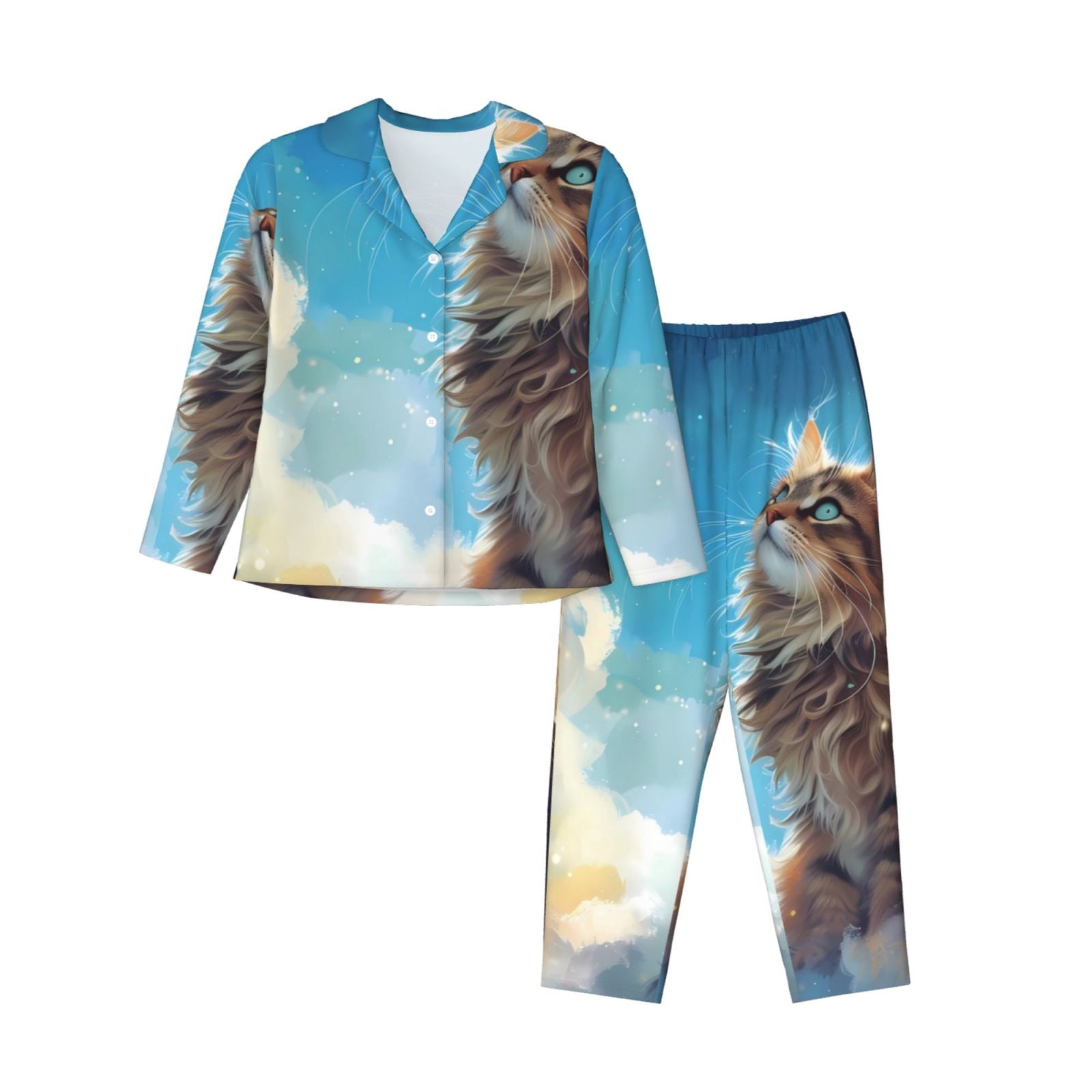 Lsque Blue Sky Winged Cat Pattern Long Sleeve Pajama Set for Women ...