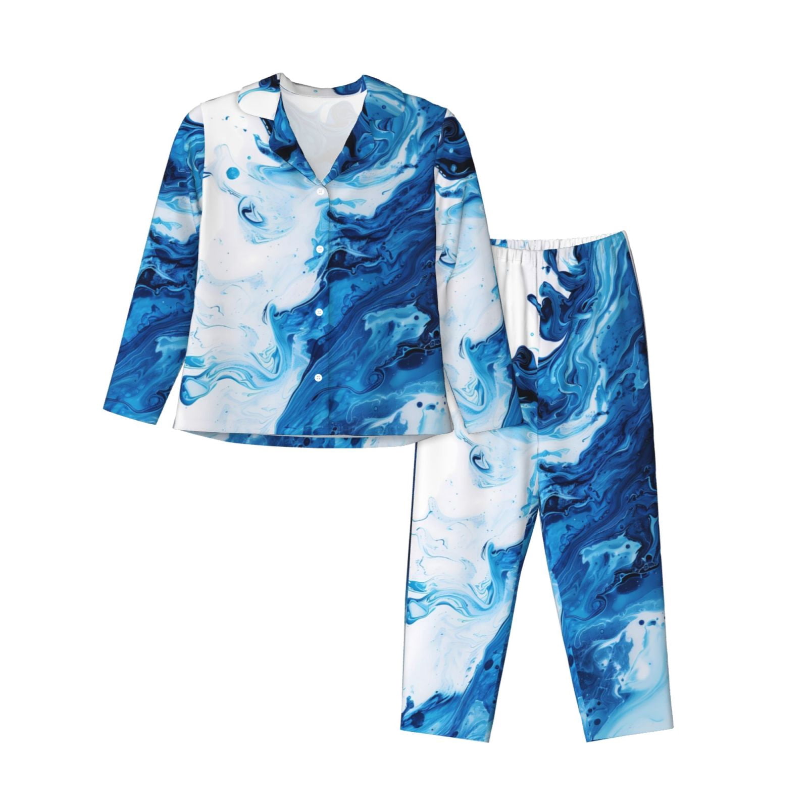 Lsque Blue White Fluid Art Pattern Long Sleeve Pajama Set for Women ...