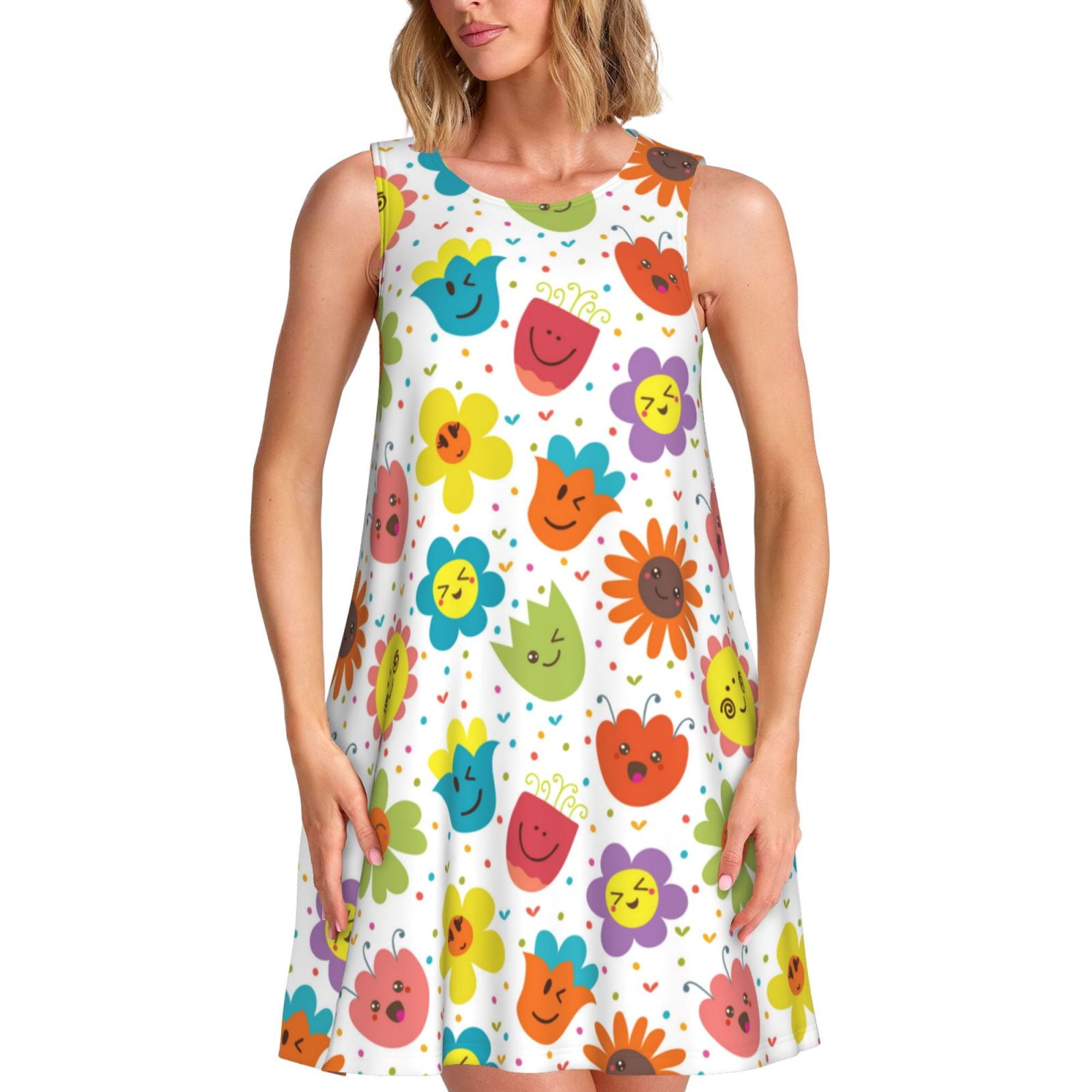 Lsque Cartoon Flowers Pattern Summer Dresses for Women – Sleeveless T ...