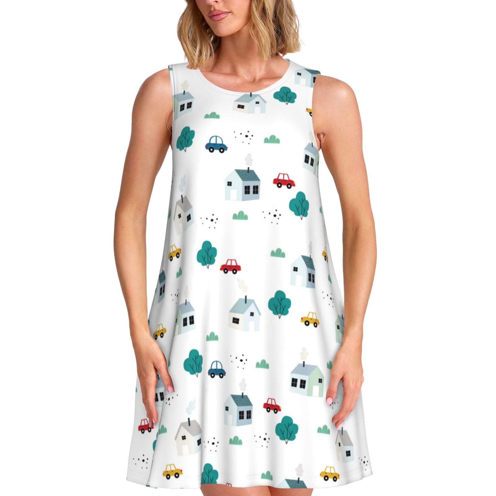 Lsque Cartoon House Car Pattern Summer Dresses for Women – Sleeveless T ...