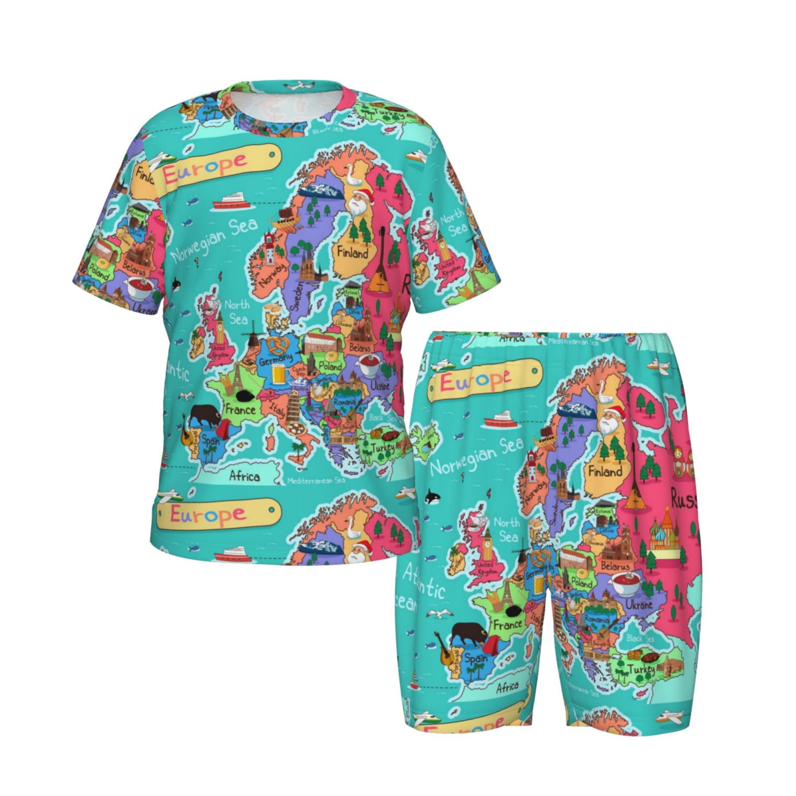 Lsque Cartoon Map Of Europe Pattern Girls' Sleeve Top and Shorts Snug ...