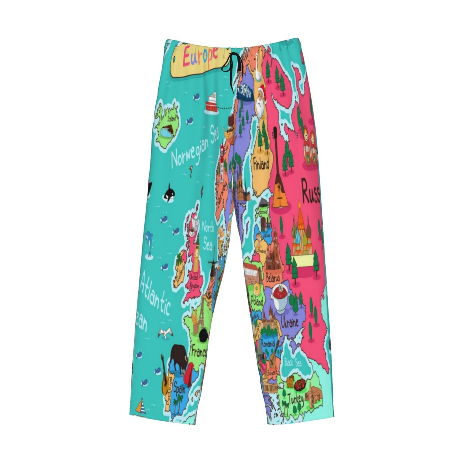 Lsque Cartoon Map Of Europe Print Men's Pajama Pants, Lounge Pant ...