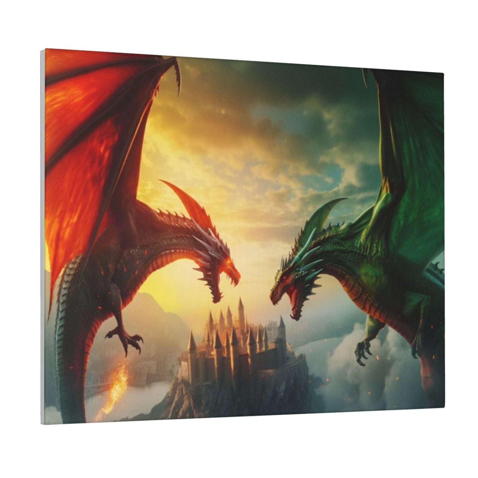 Lsque Castle Red Green Sky Dragon Print Wall Art – Decorative Picture ...